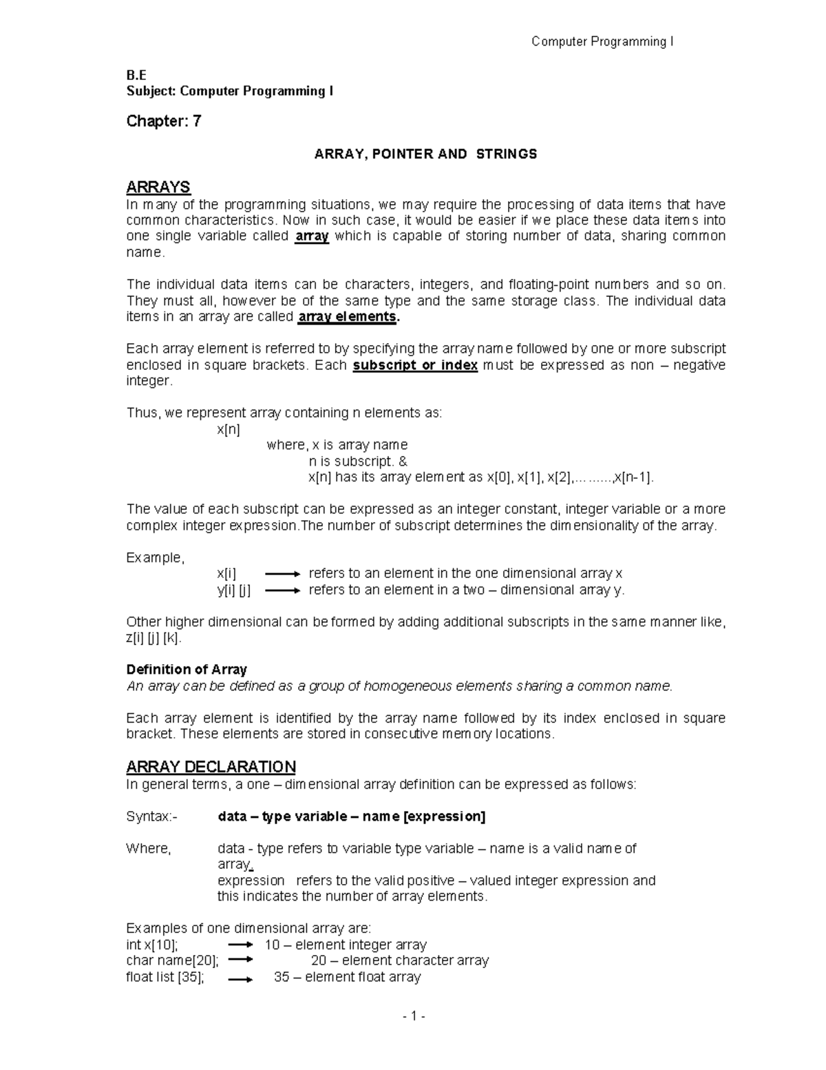 Ch 7 Array Pointer And Strings B Subject Computer Programming I Chapter 7 Array Pointer 8066