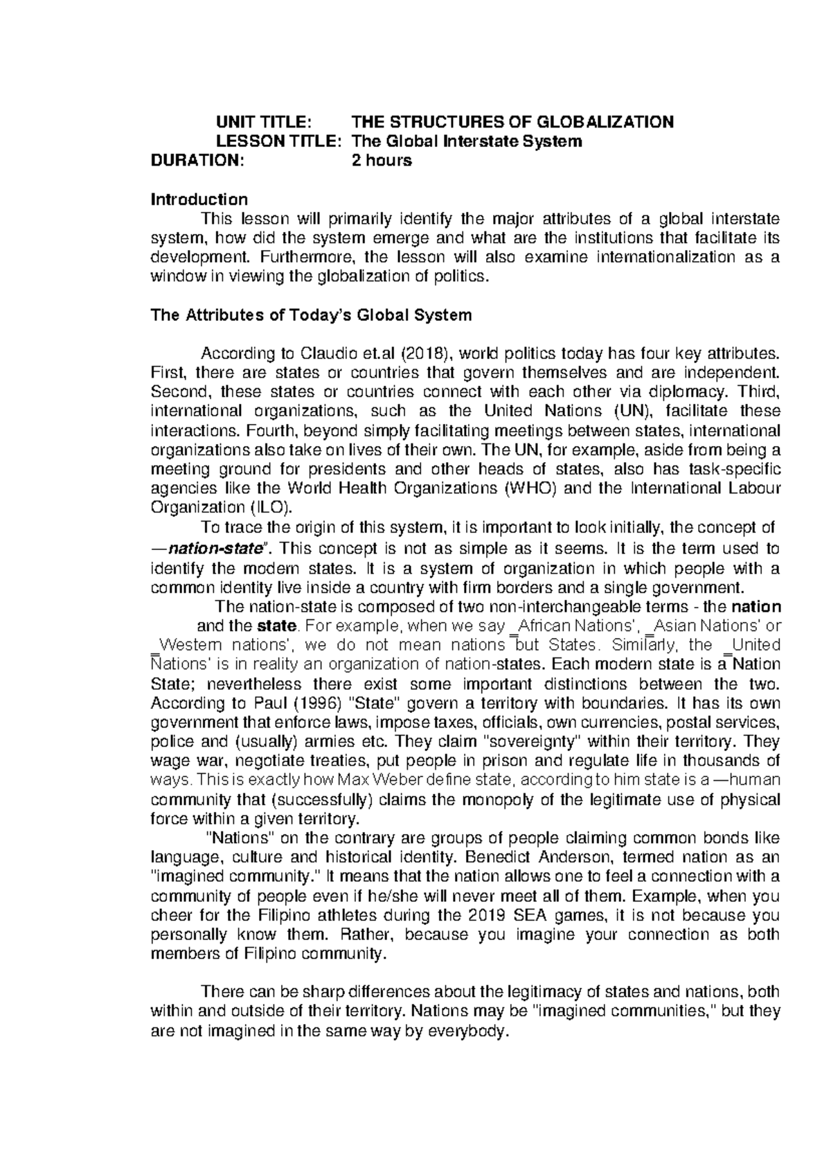Political Globaliation - UNIT TITLE: THE STRUCTURES OF GLOBALIZATION ...