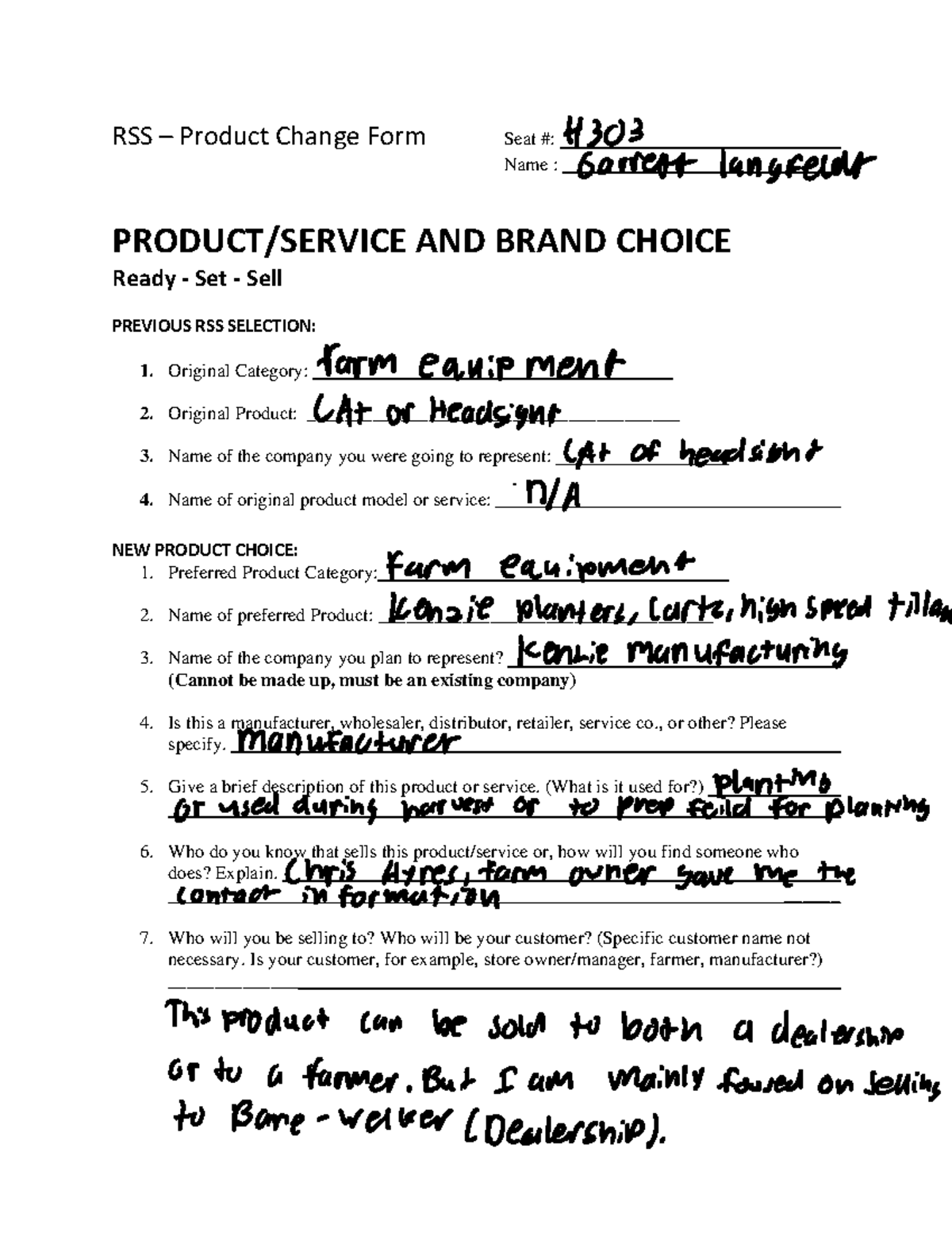 RSS Product Change Form - RSS – Product Change Form Seat #: Name ...