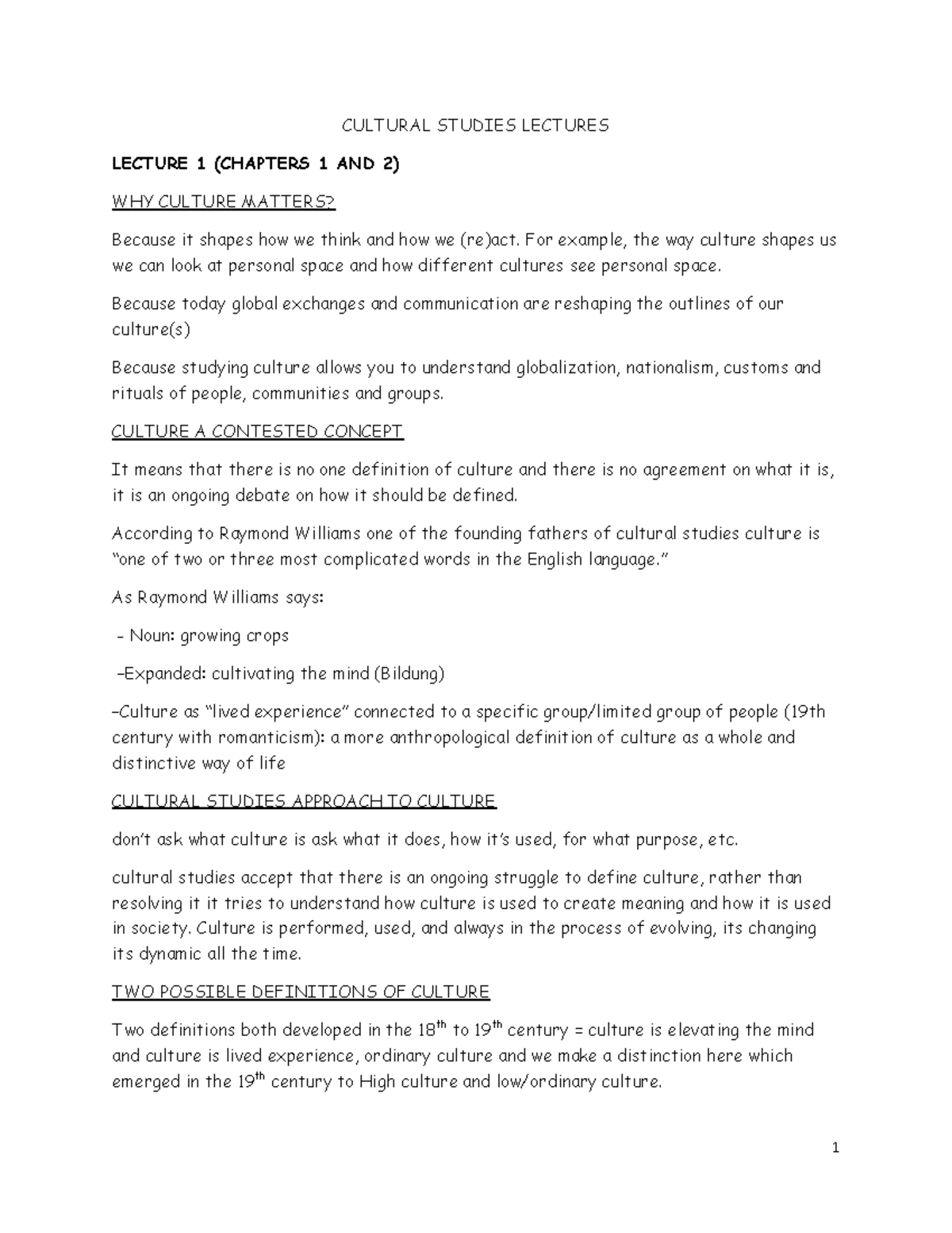 Cultural Studies ALL Lectures - CULTURAL STUDIES LECTURES LECTURE 1 ...