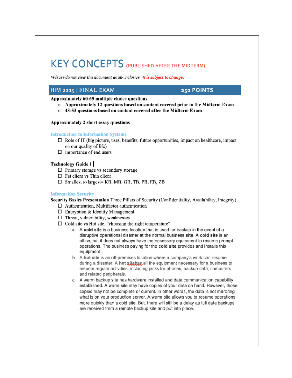HIM Final Exam Study Guide - Key Concepts: Short Essay (2 total): State ...