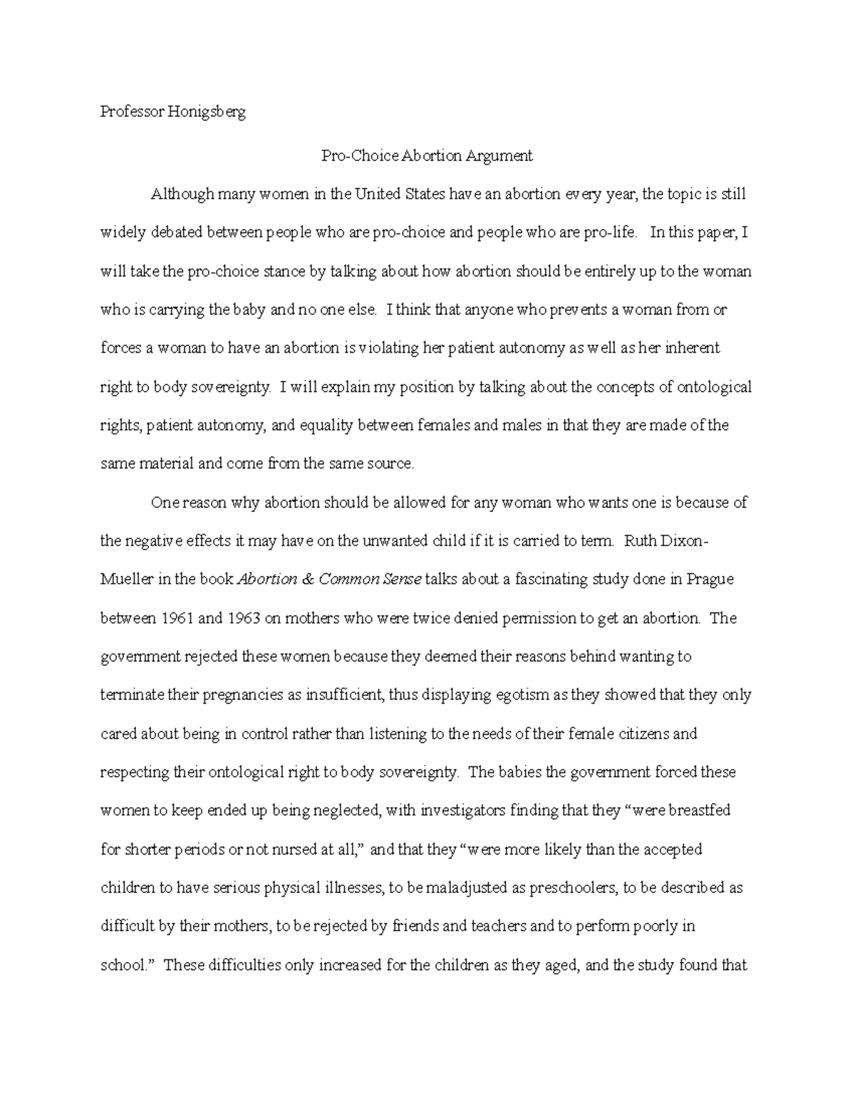Pro-Choice Abortion Argument - Professor Honigsberg Pro-Choice Abortion ...