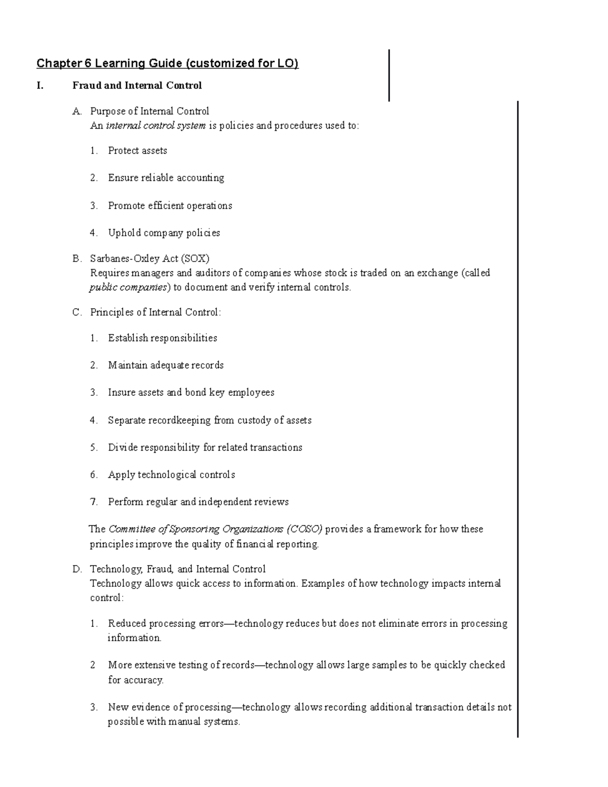 Chapter 6 Learning Guide - Chapter 6 Learning Guide (customized for LO) I. Fraud and Internal ...