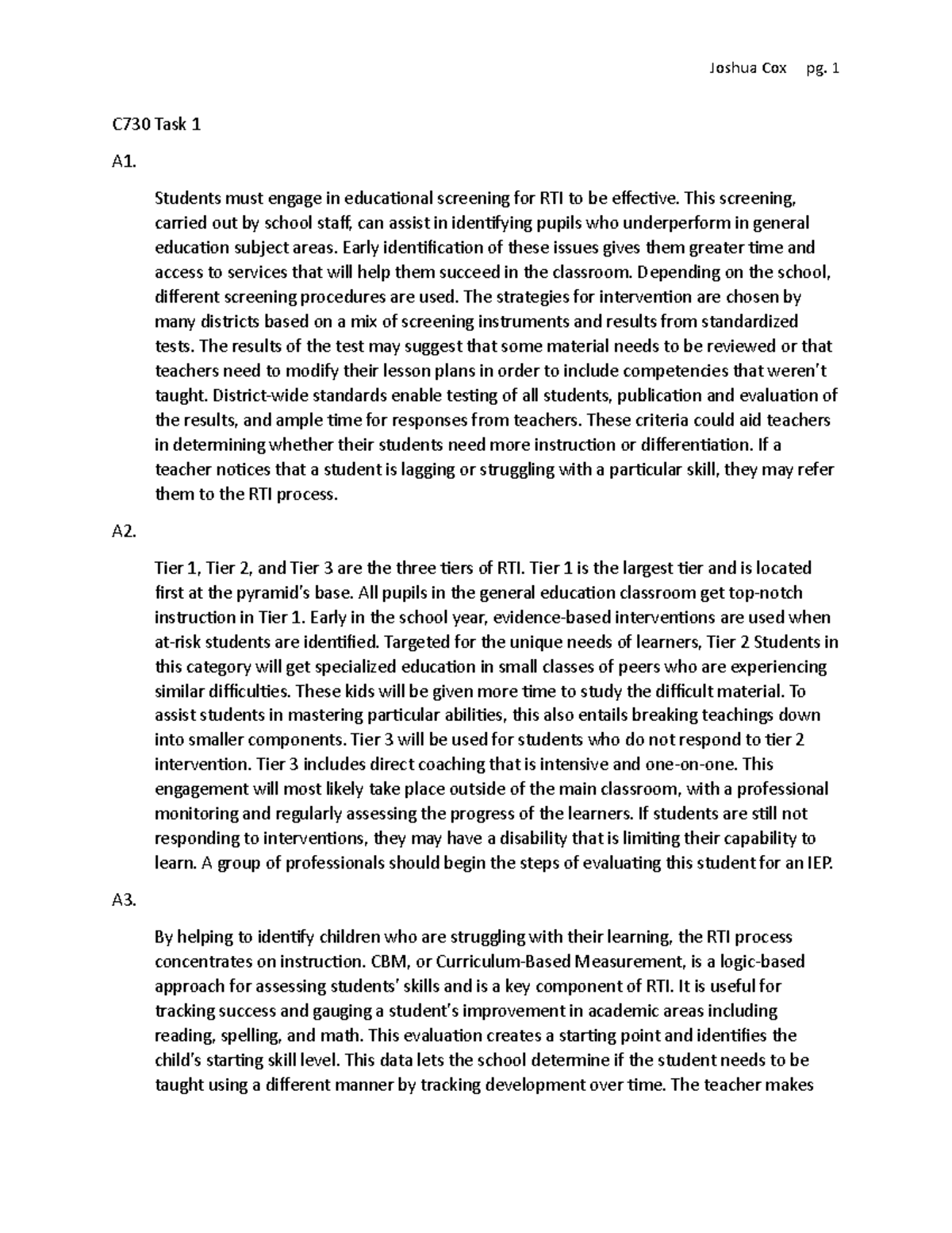 C730 Task 1 - SpEd - Joshua Cox pg. 1 C730 Task 1 A1. Students must ...