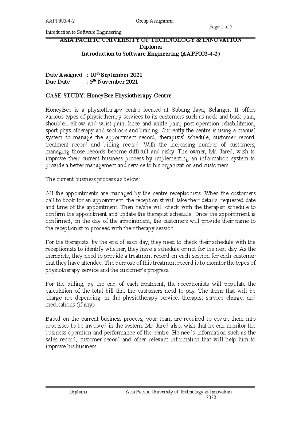 ISWE Assignment Question - Page 1 of 5 Introduction to Software Engineering ASIA PACIFIC ...