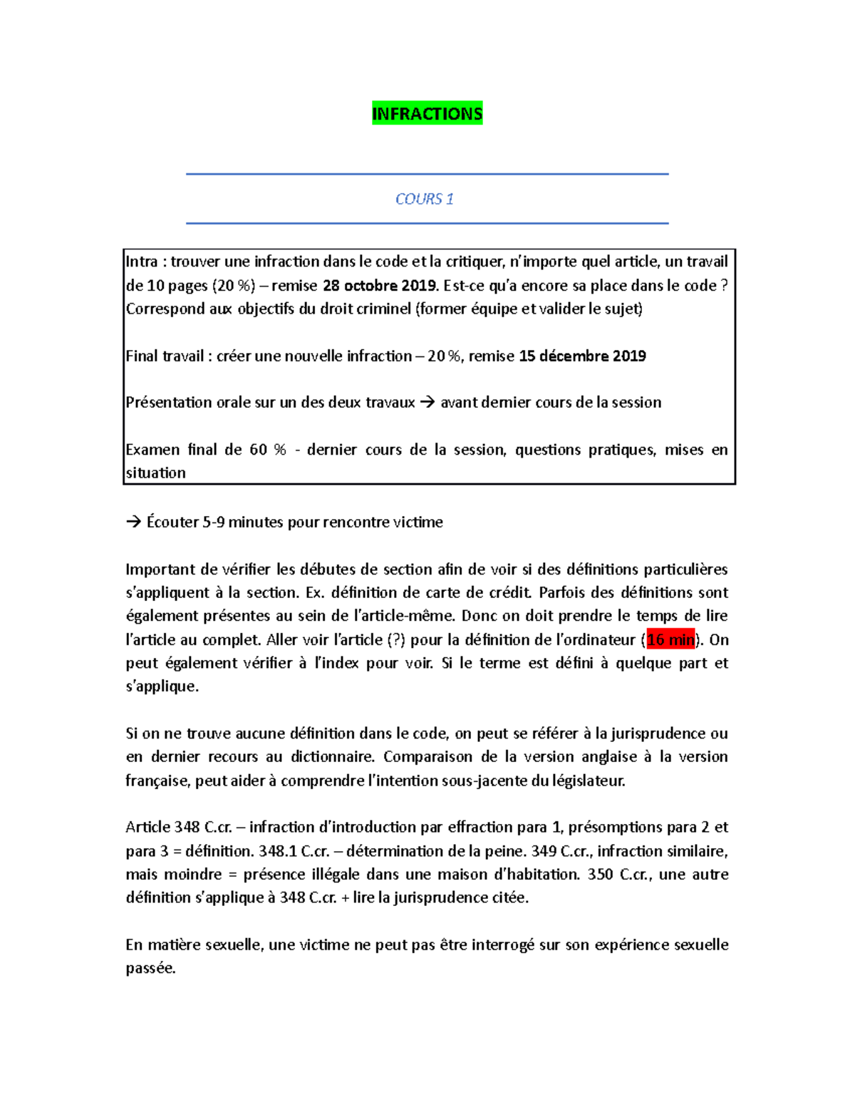 Infractions - Notes de cours 1 à 7 - INFRACTIONS COURS 1 Intra ...
