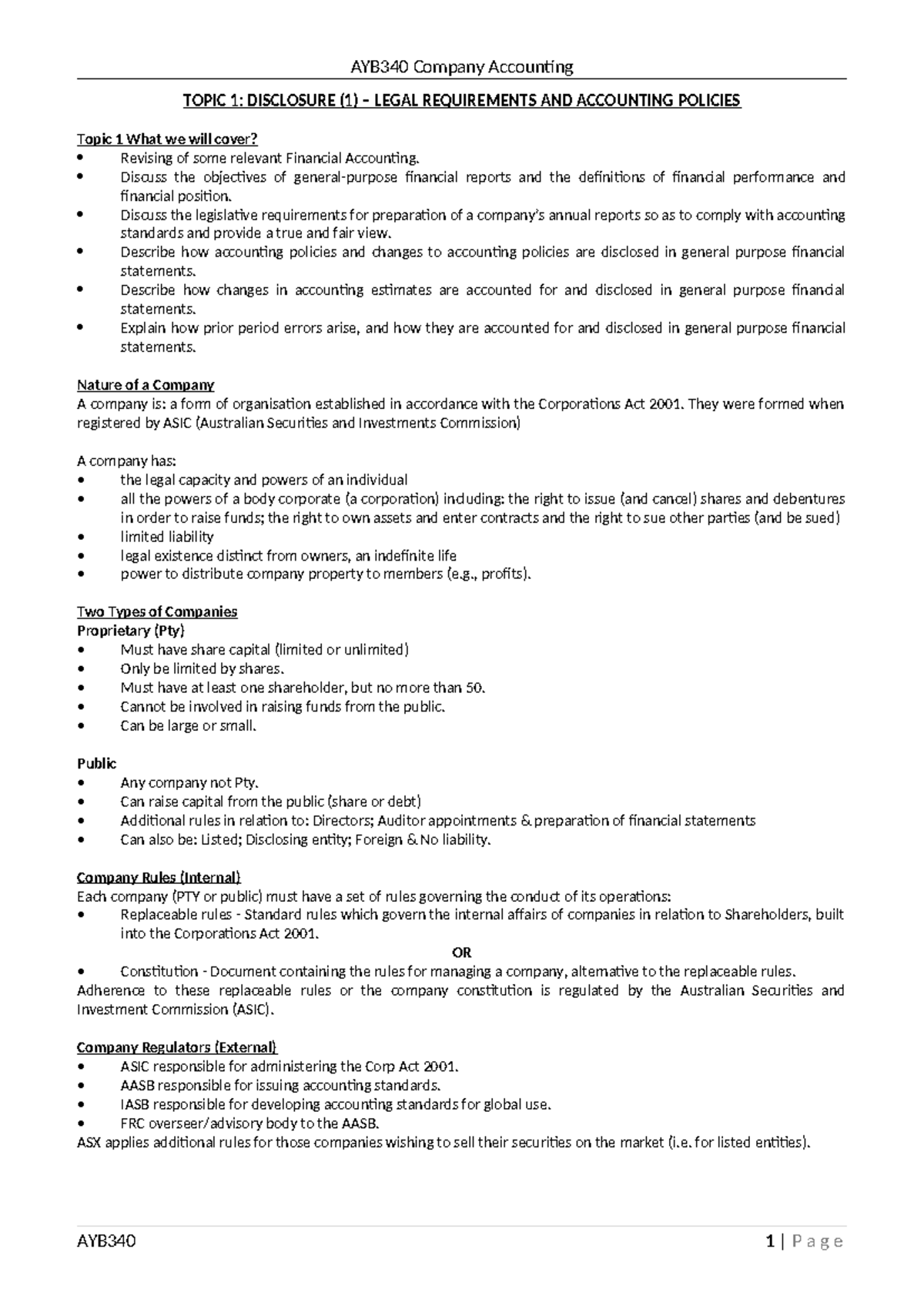 AYB340 Topic 1 Notes & Tutorial Questions - TOPIC 1: DISCLOSURE (1 ...