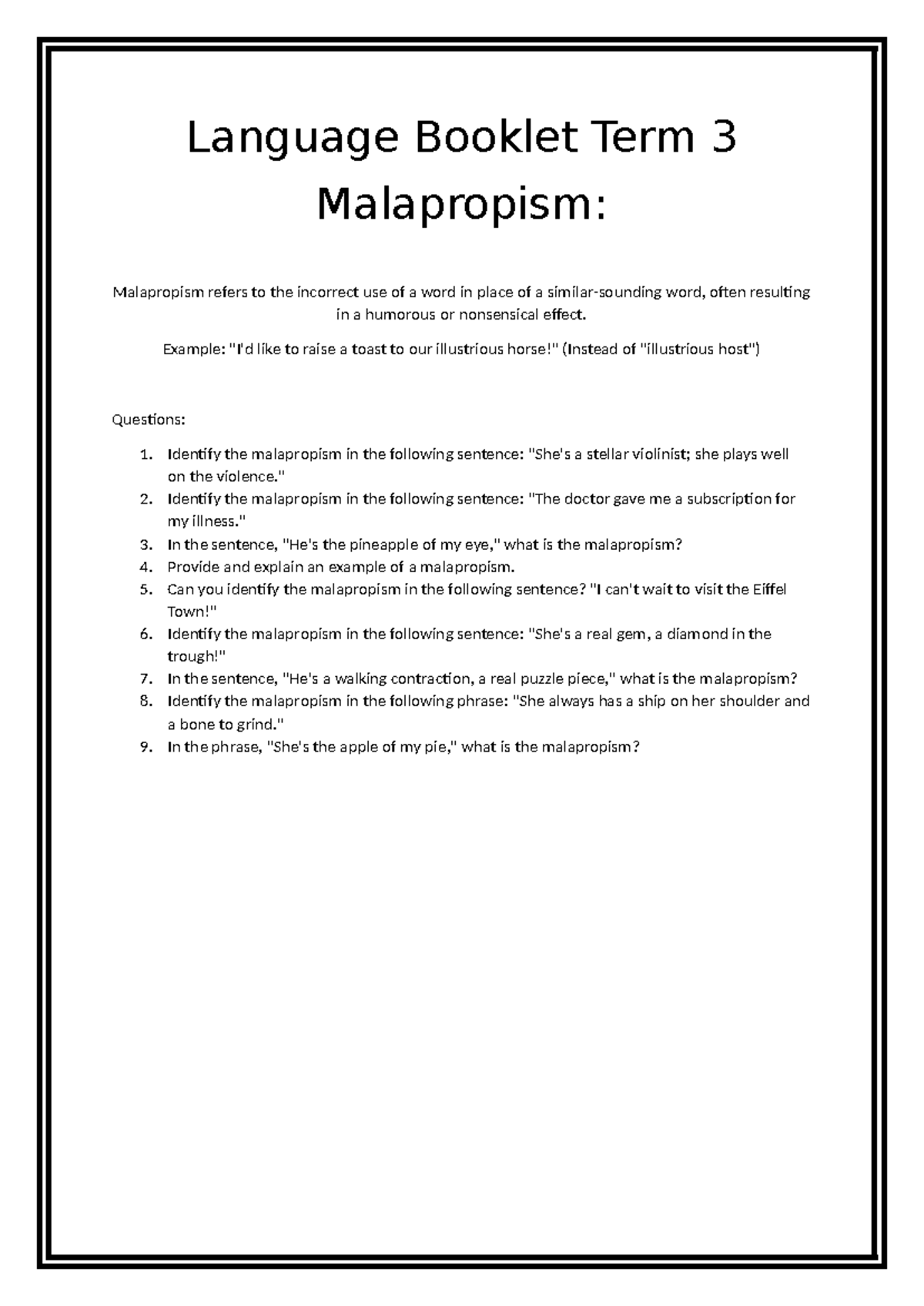 Language Booklet Term 3 - Questions - Language Booklet Term 3 ...