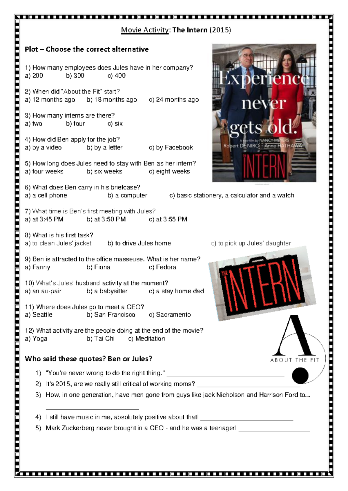 -0oll - work - Movie Activity: The Intern (2015) Plot – Choose the ...