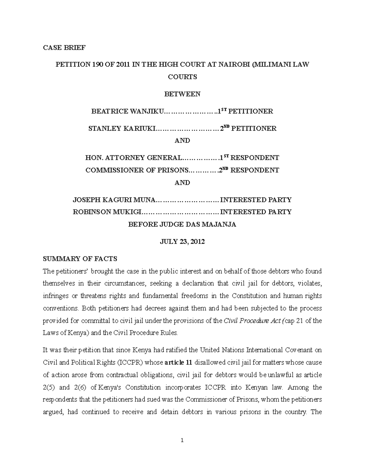 Beatrice Wanjiku V AG CASE Brief, civil procedure - CASE BRIEF PETITION ...