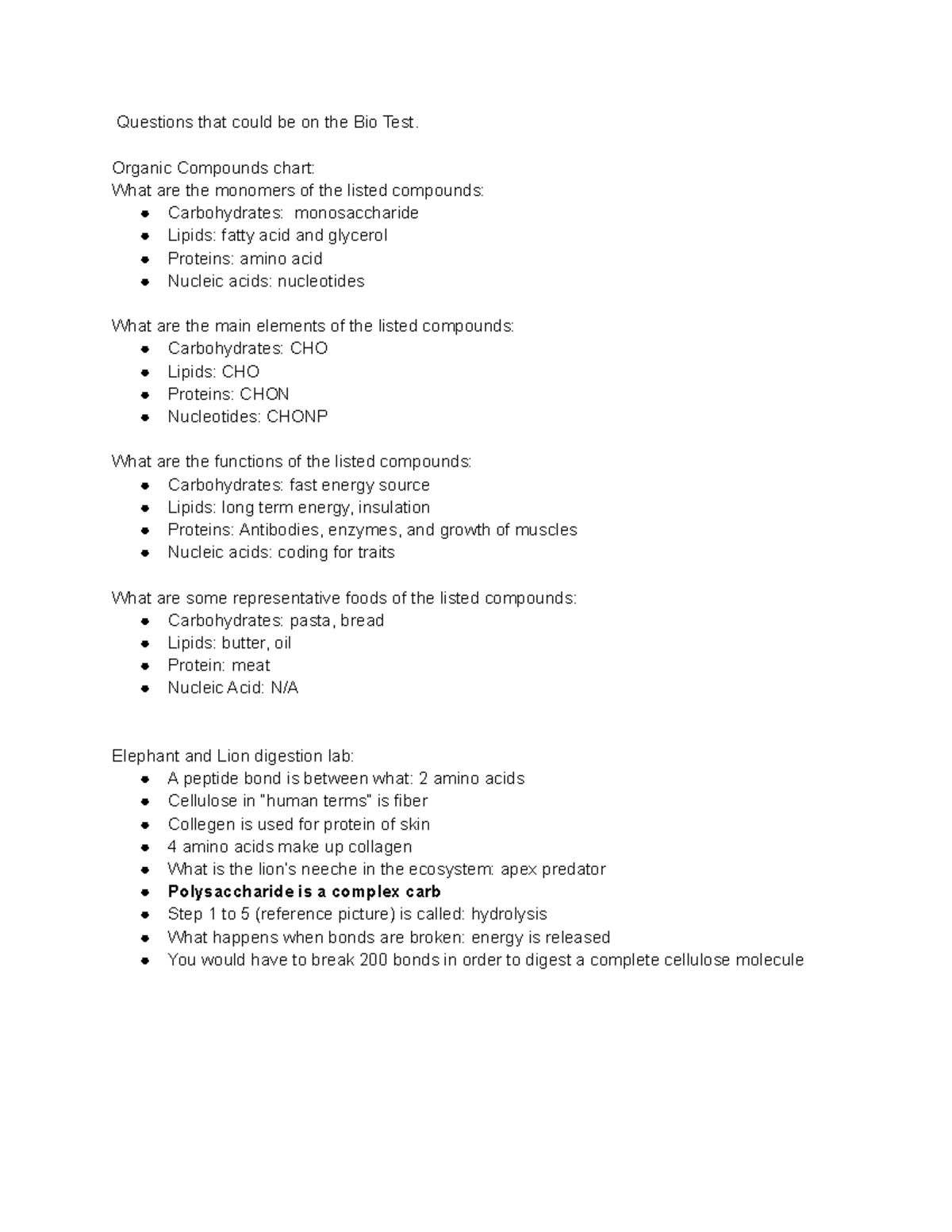 Bio study guide - Questions that could be on the Bio Test. Organic ...