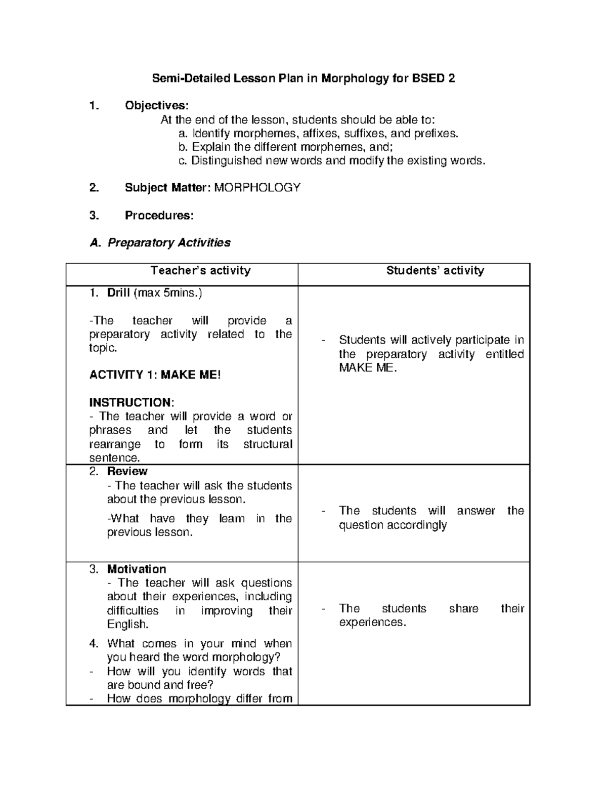ELT 4 SEMI Detailed LP IN Morphology - Semi-Detailed Lesson Plan in Morphology for BSED 2 - Studocu