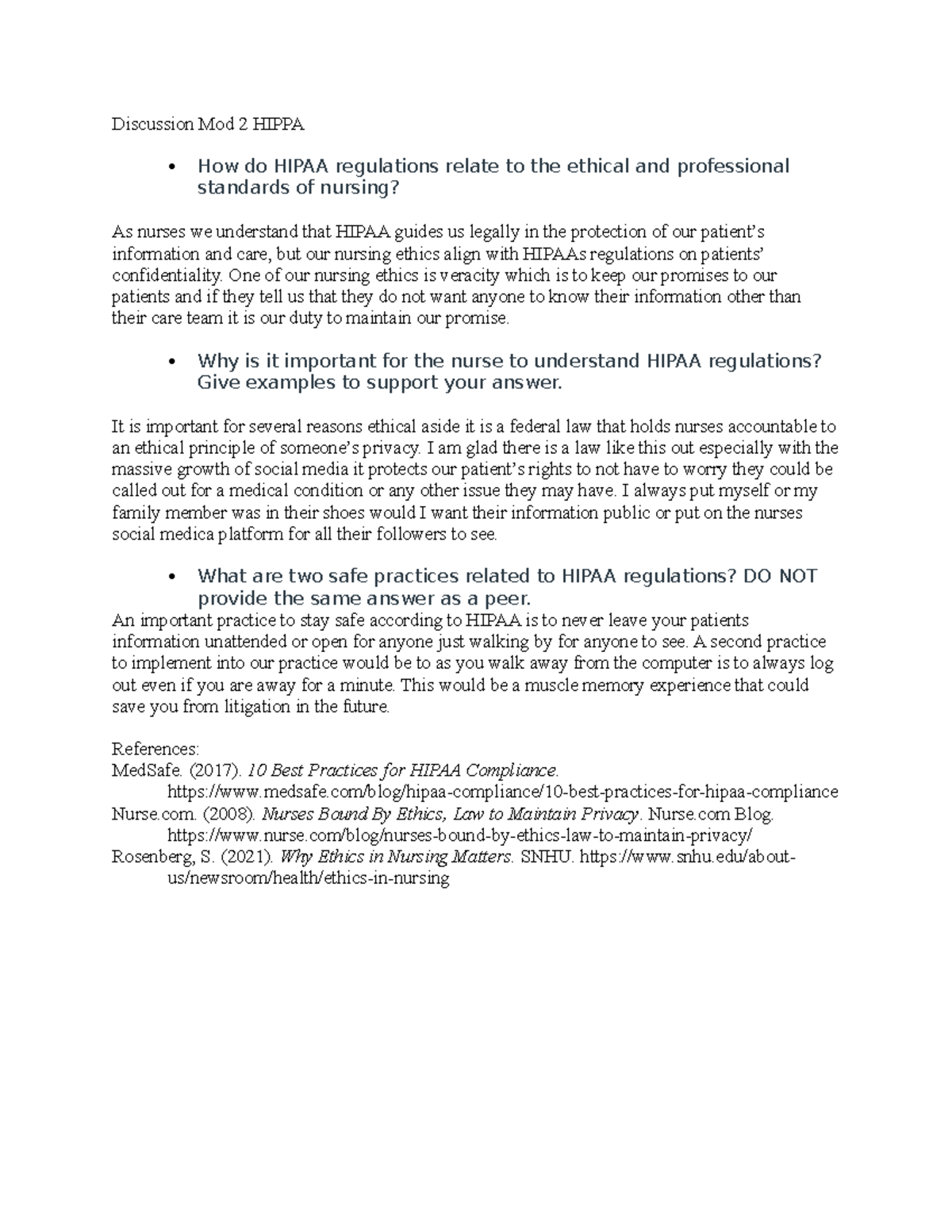 Discussion Mod 2 Hippa - assignment with questions laid out ...