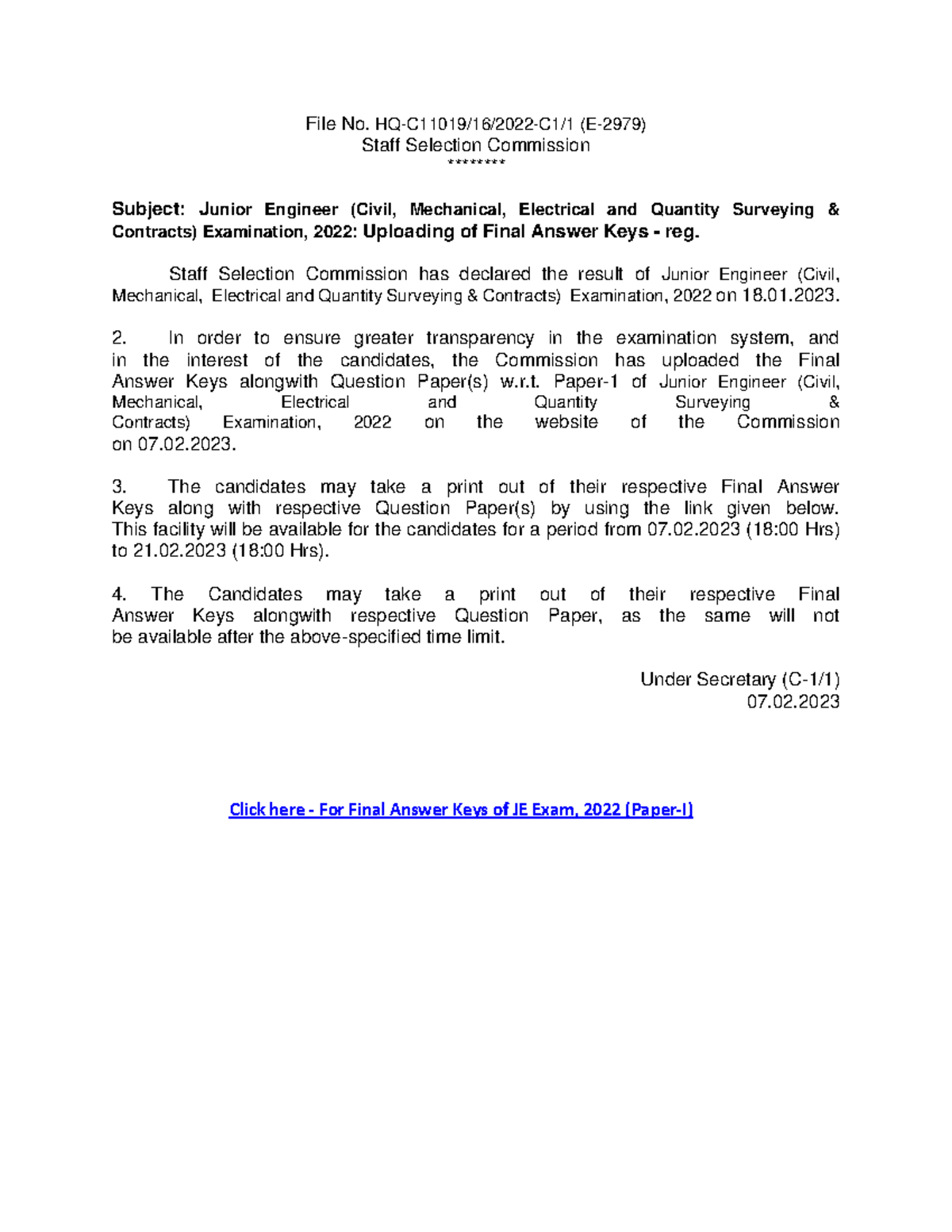Write up Final Answer Keys Paper 1 JE 2022(1) 07022023 - File No. HQ ...