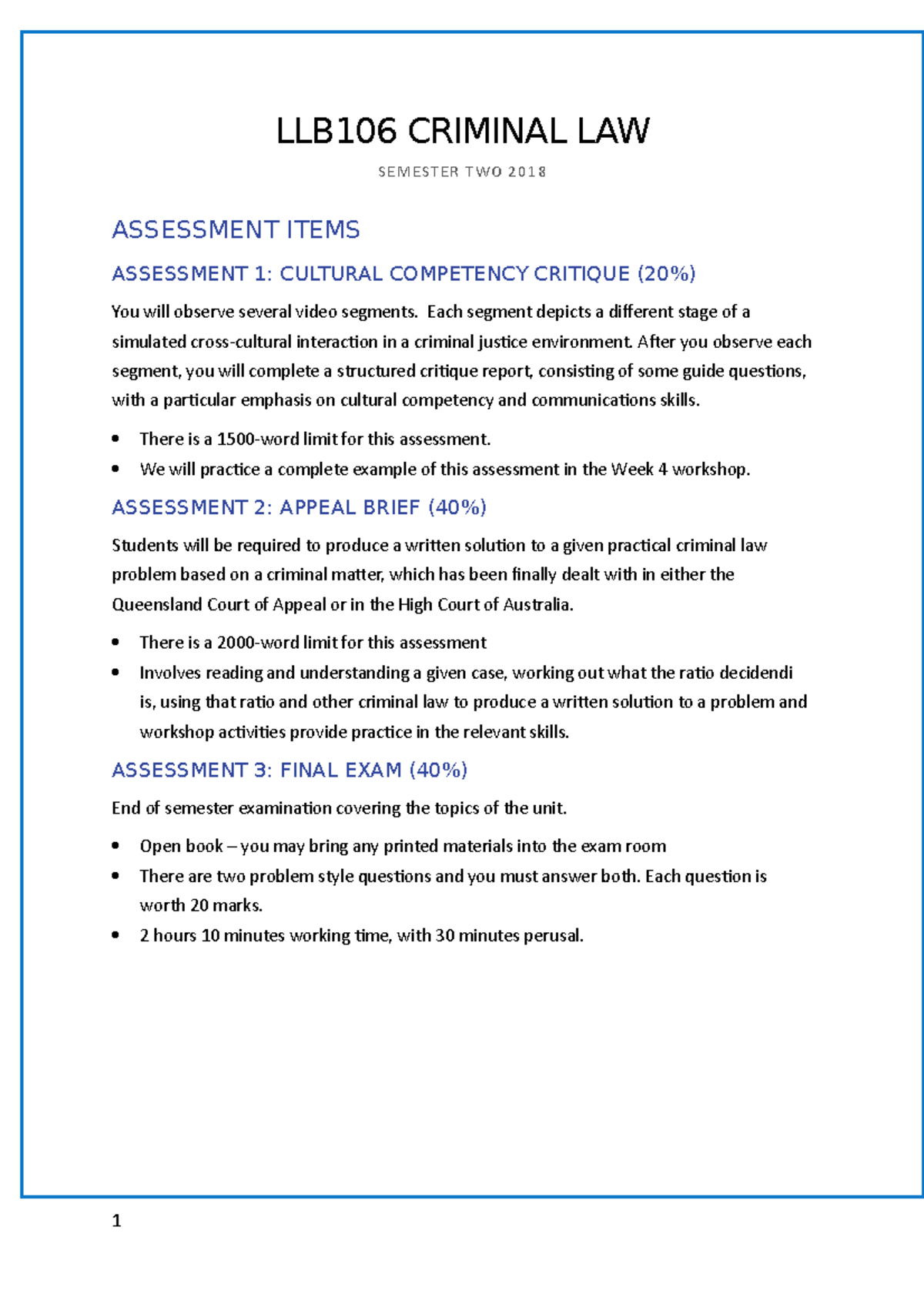 LLB106 Lecture Week 1 Notes - LLB106 CRIMINAL LAW SEMESTER TWO 2018 ...