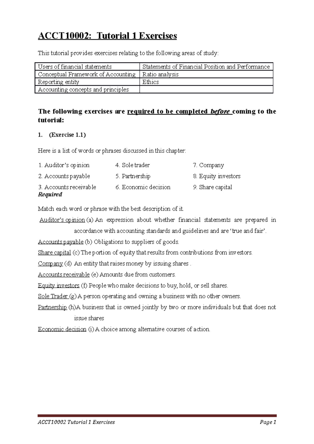 ACCT10002 Tutorial 1 Exercises Questions - ACCT10002: Tutorial 1 ...