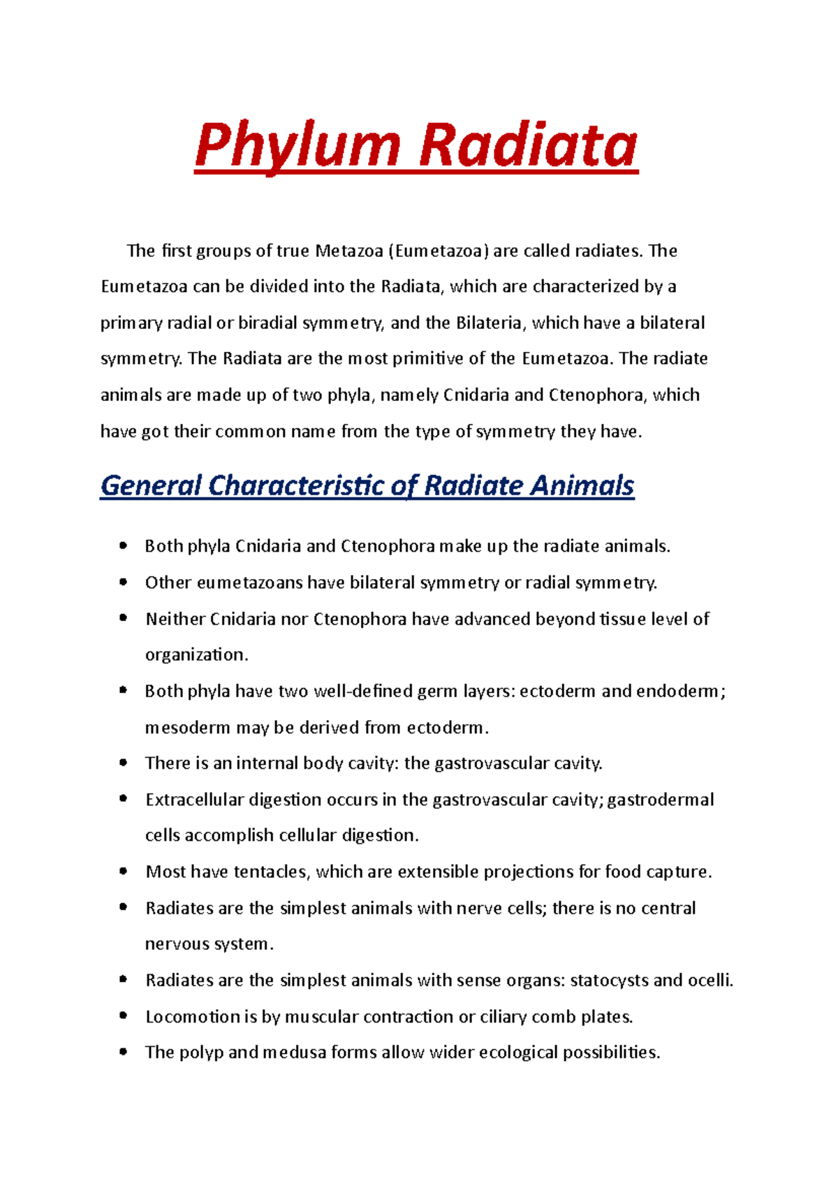 Phylum Radiata - Phylum Radiata The first groups of true Metazoa ...
