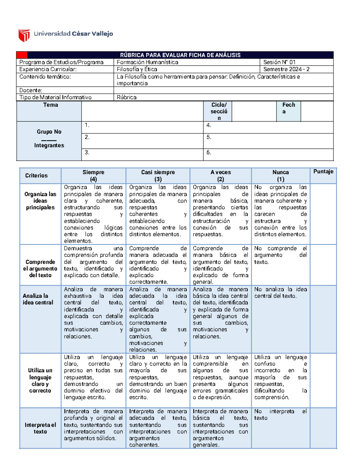 Rubrica 1 - Vvvbbb - RÚBRICA PARA EVALUAR FICHA DE ANÁLISIS Programa de ...