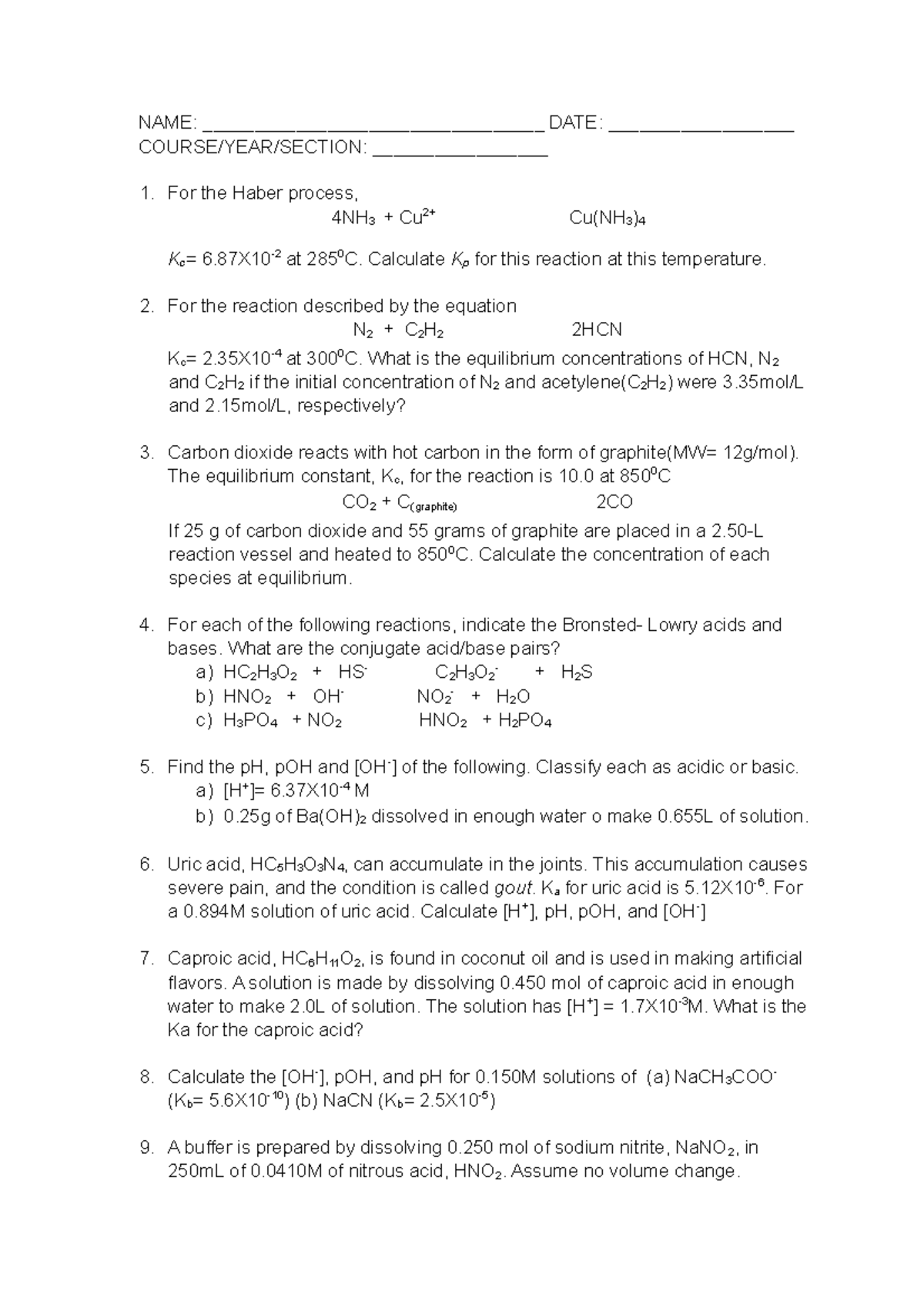 QUIZ IV- Chemical Equilibrium, Acids, AND Bases - NAME