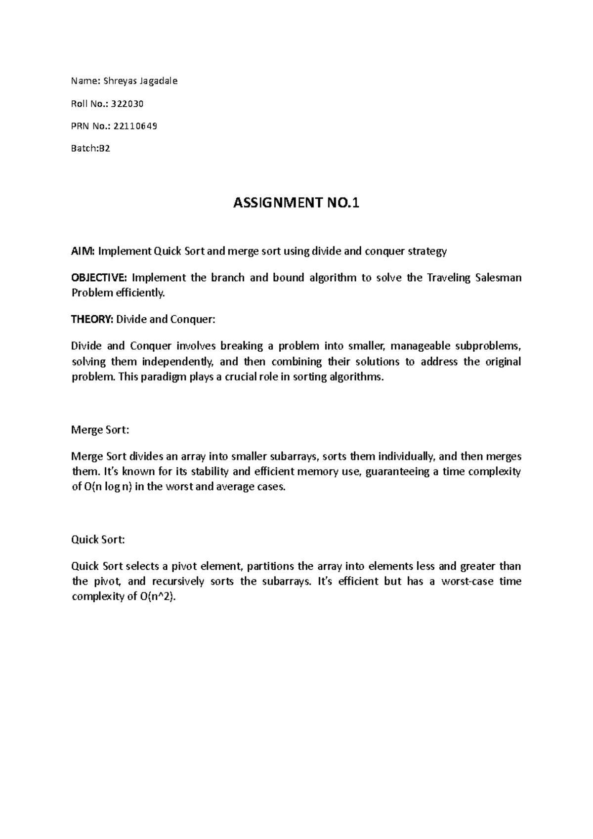 DAa dssdsd Assg1 - Name: Shreyas Jagadale Roll No.: 322030 PRN No ...