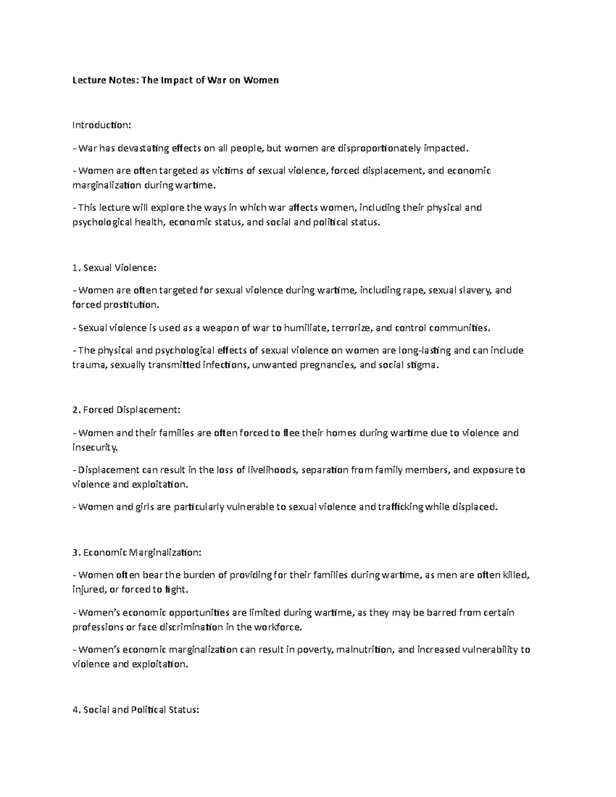 Lecture Notes: The Impact of War on Women - Lecture Notes: The Impact ...
