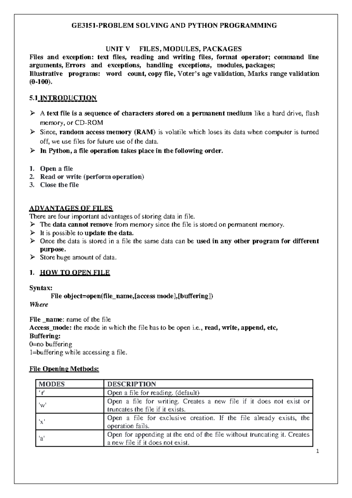 UNIT 5 - cse - UNIT V FILES, MODULES, PACKAGES Files and exception ...