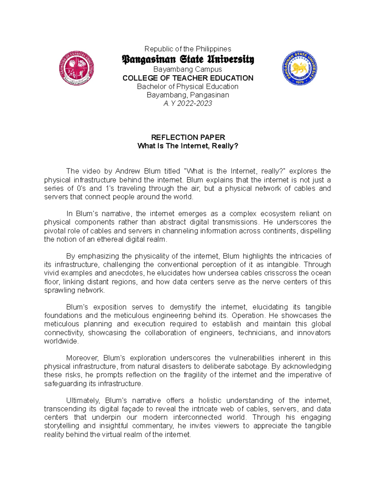 Reflection Paper - Republic of the Philippines 𝕻𝖆𝖓𝖌𝖆𝖘𝖎𝖓𝖆𝖓 𝕾𝖙𝖆𝖙𝖊 ...