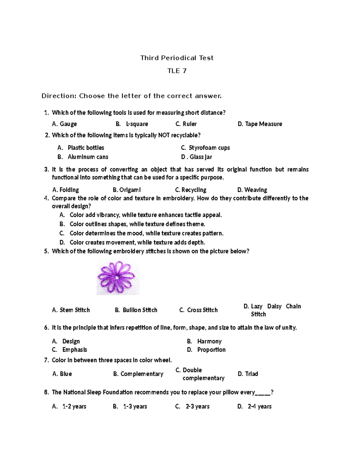 TLE 7 105850 - Practice test for grade 7 - Third Periodical Test TLE 7 ...