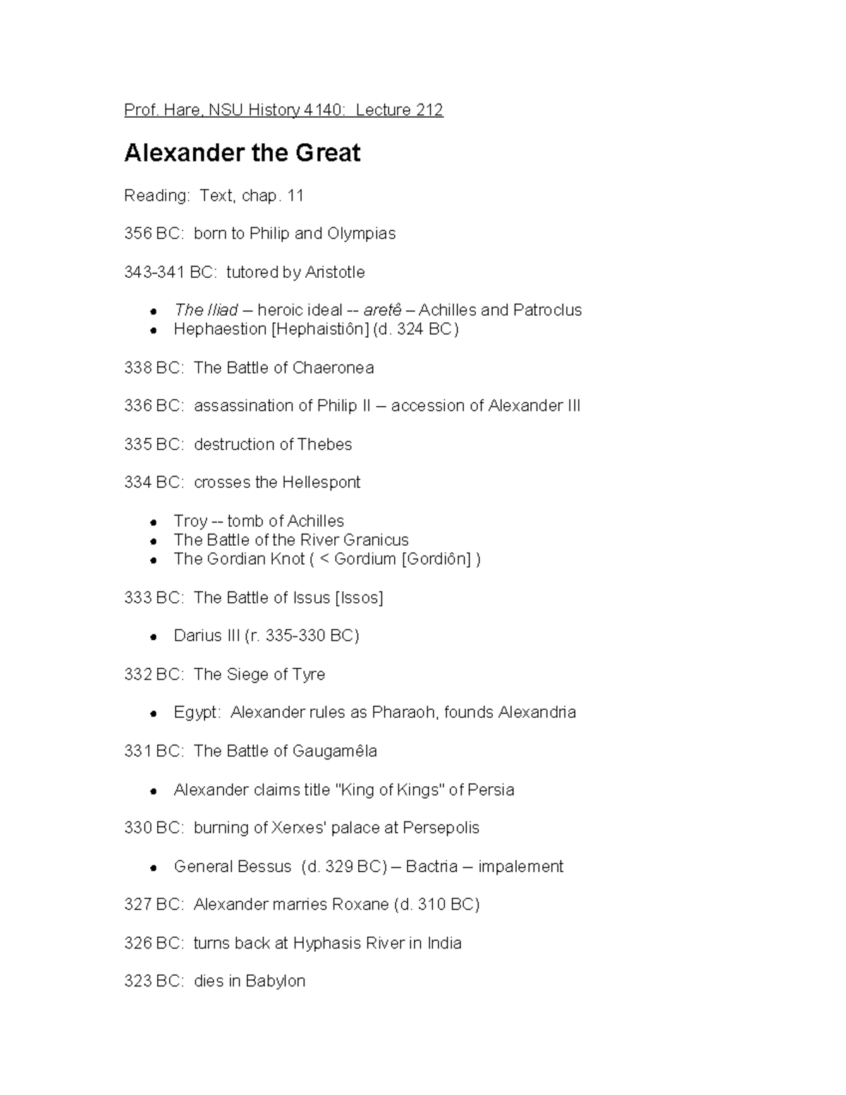 212 Alexander the Great - Prof. Hare, NSU History 4140: Lecture 212 ...