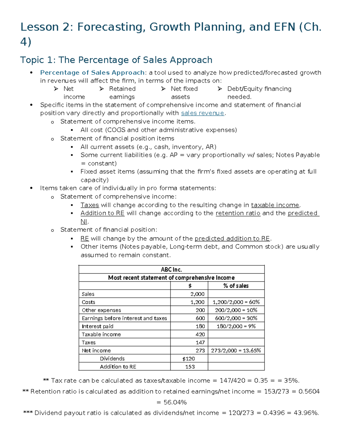 FNCE 370 Lesson 2 - Forecasting, Growth Planning, and EFN - Lesson 2: Forecasting, Growth ...