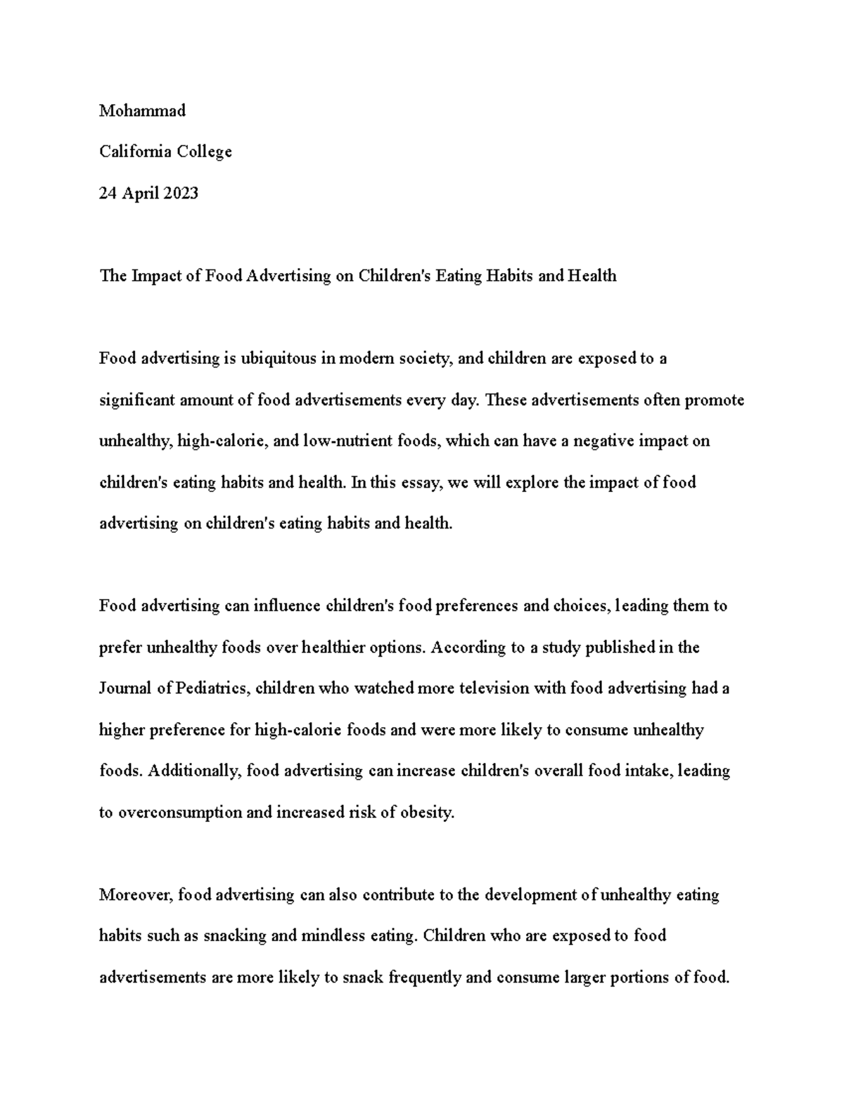 The Impact of Food Advertising on Children's Eating Habits and Health ...