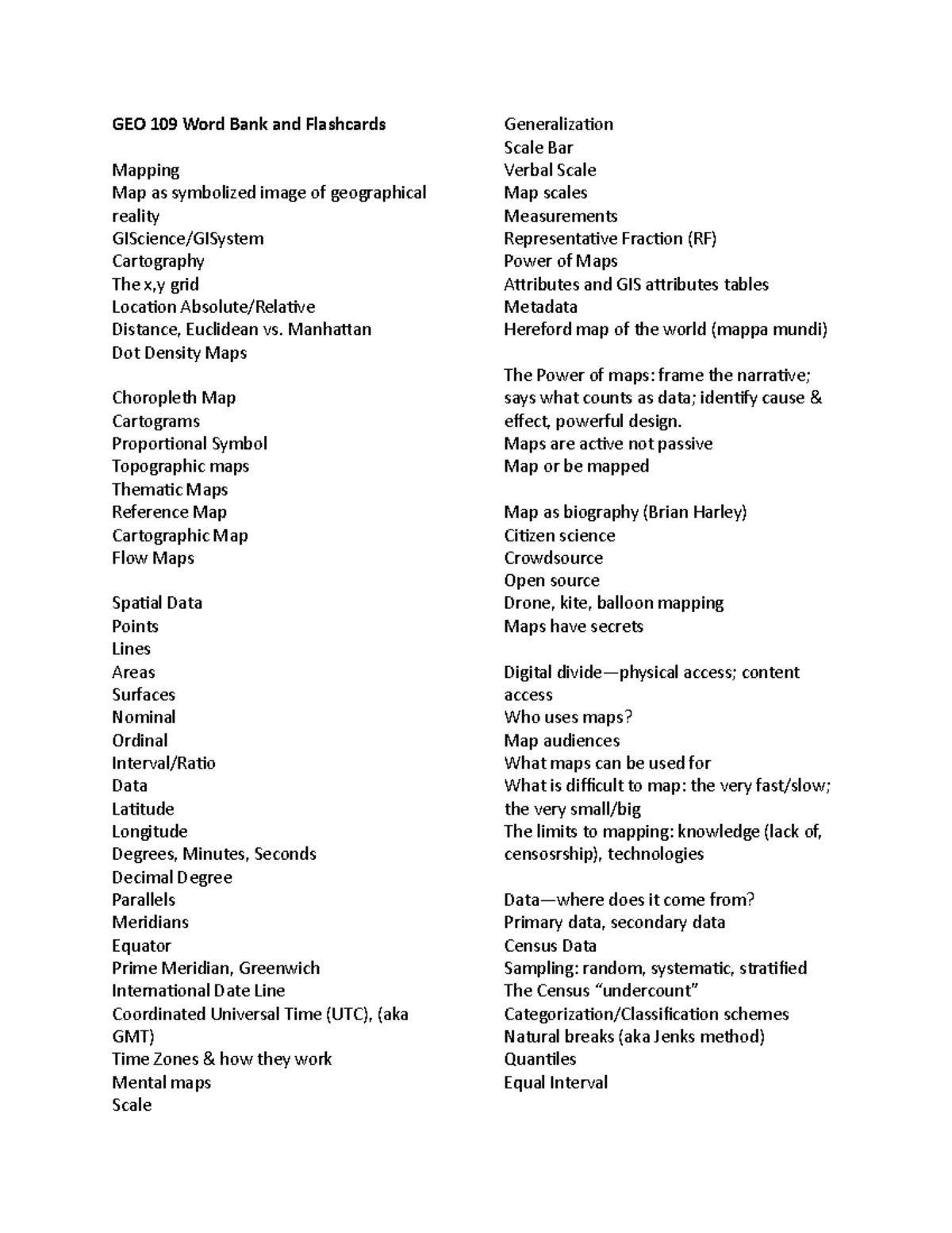 Midterm - Word Bank and Flashcards - GEO 109 Word Bank and Flashcards ...