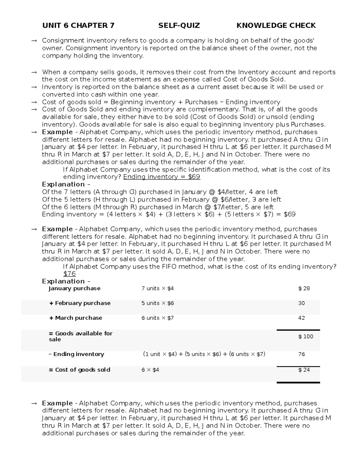 UNIT 6 CH 7 SELF QUIZ Knowledge Check - UNIT 6 CHAPTER 7 SELF-QUIZ KNOWLEDGE CHECK Consignment ...