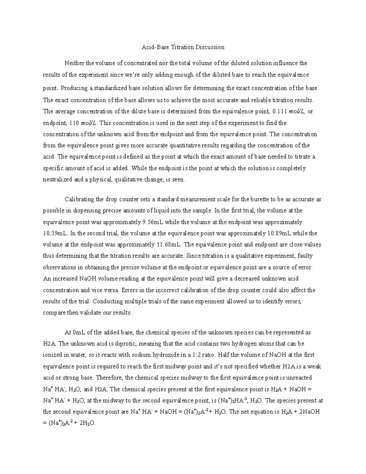 Acid-Base Titration Discussion - Acid-Base Titration Discussion Neither ...