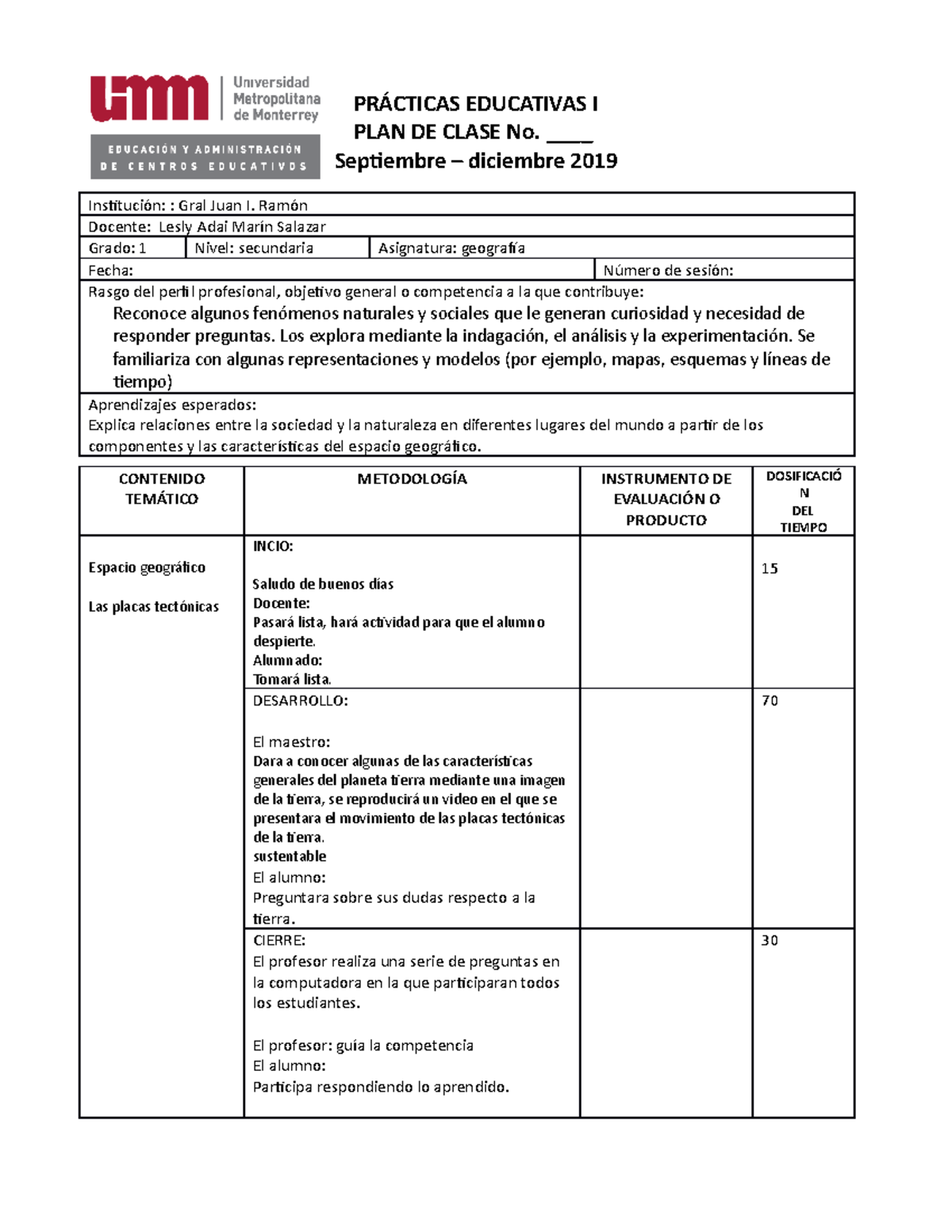 Plan de clases geografia 1 - PRÁCTICAS EDUCATIVAS I PLAN DE CLASE No ...