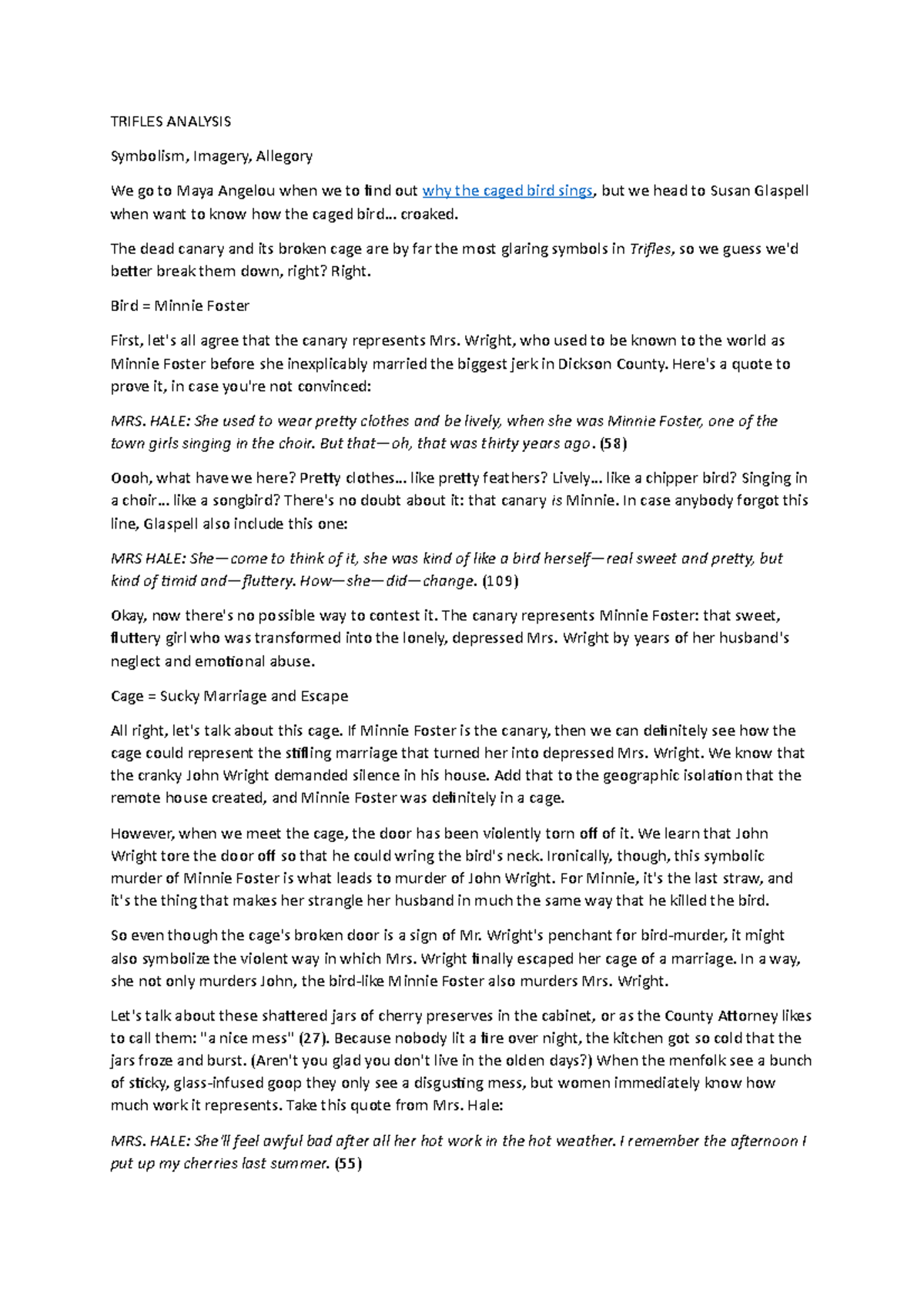 Analysis - Trifles by Susan Glaspell - TRIFLES ANALYSIS Symbolism ...