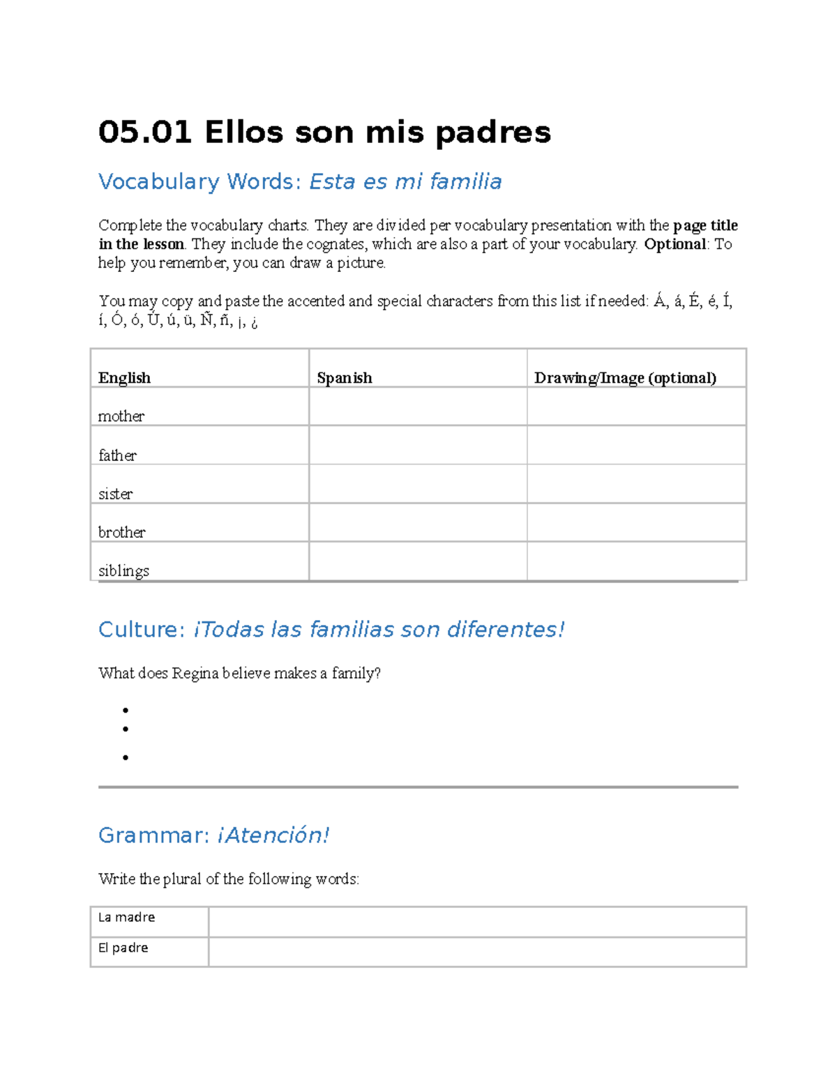 05 01 notes - 05 Ellos son mis padres Vocabulary Words: Esta es mi ...