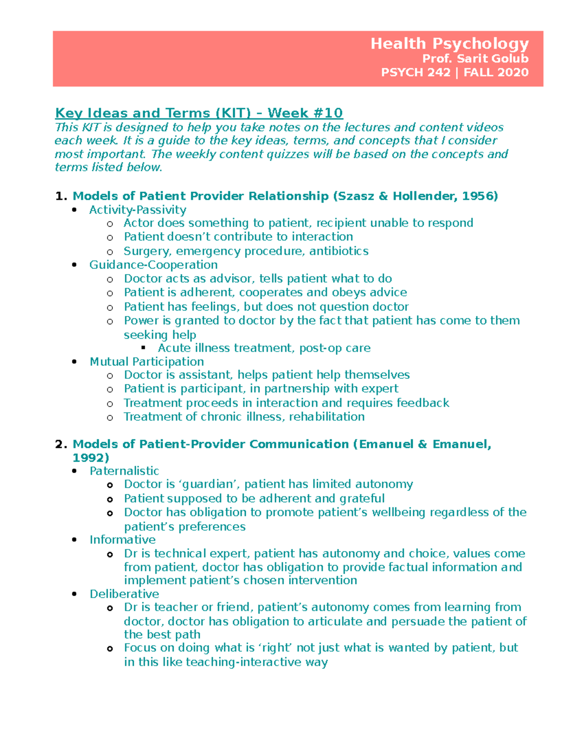 KIT-Week 10 - KIT-Week 10 - Health Psychology Prof. Sarit Golub PSYCH ...