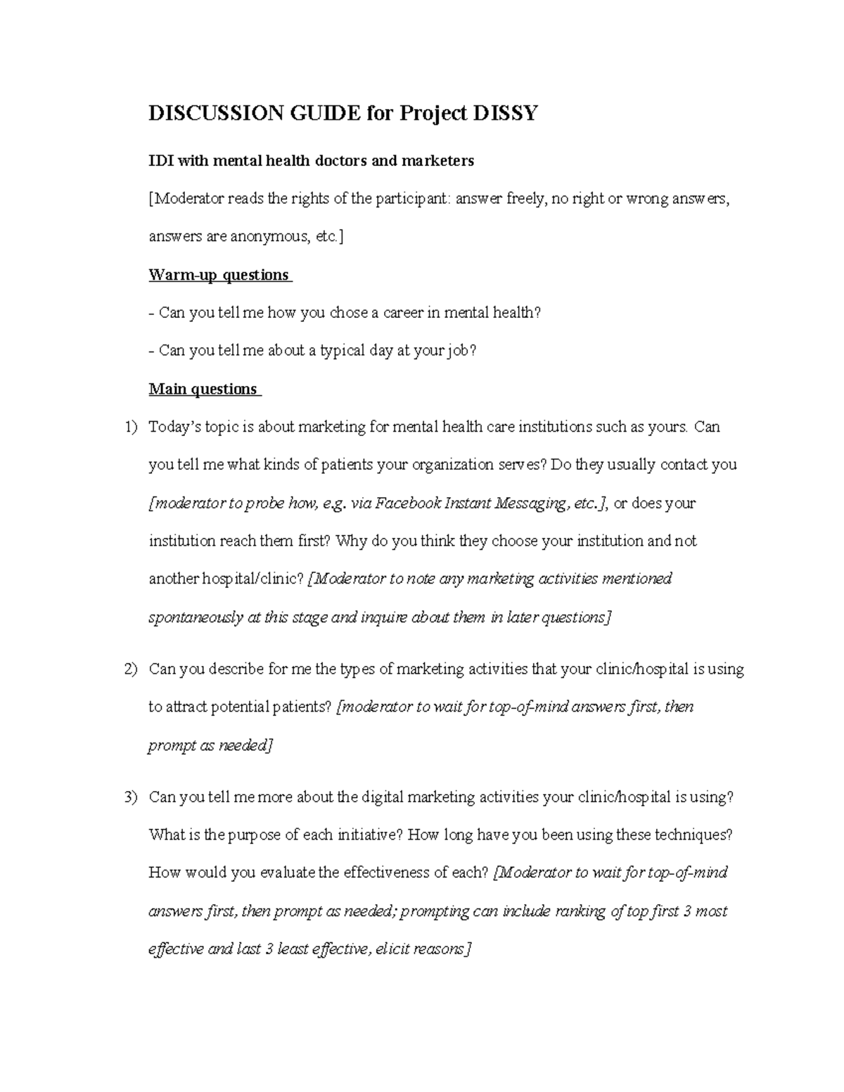 Sample Qualitative In depth Interviews d - DISCUSSION GUIDE for Project ...