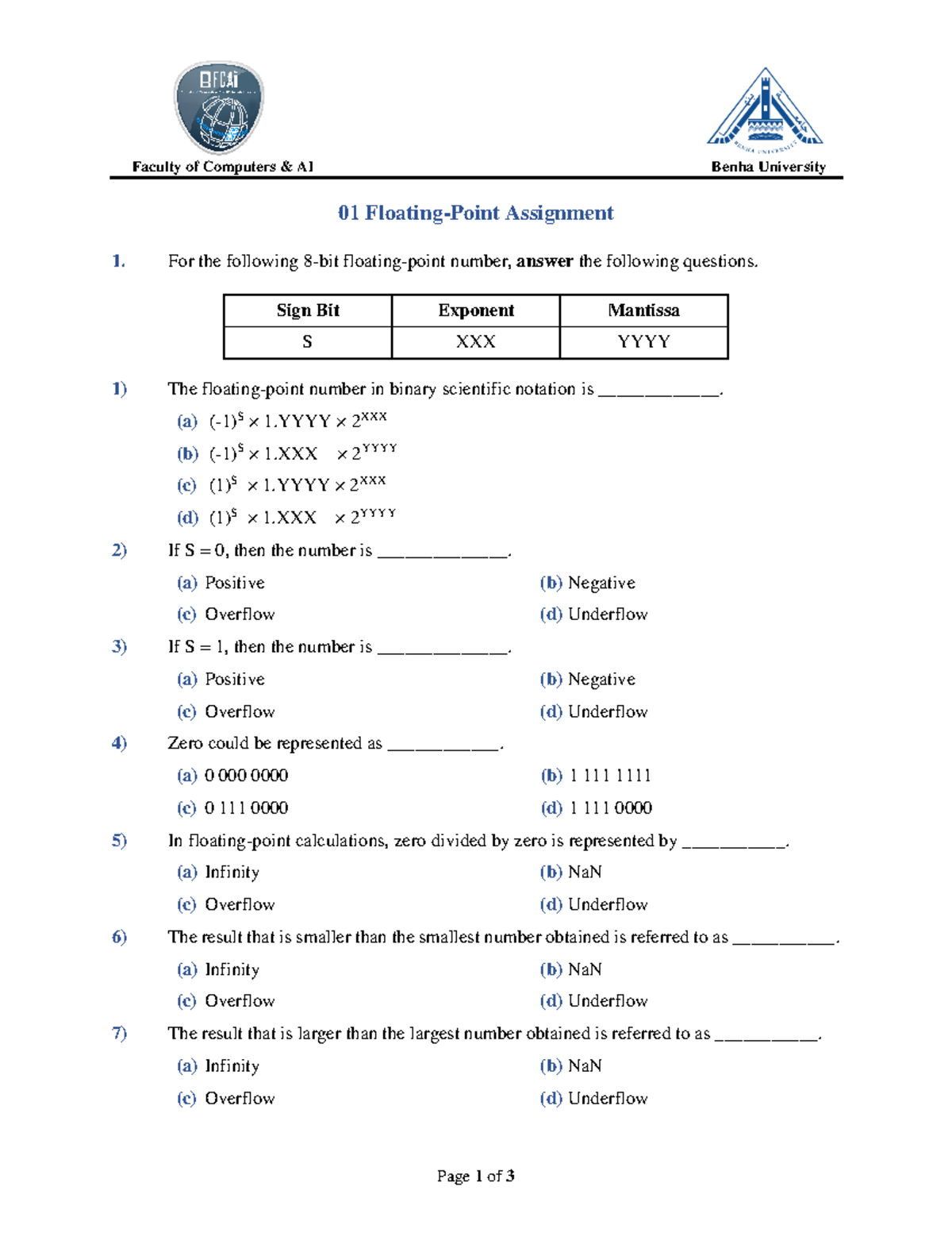 01 Floating Point Assignment For The Following 8 Bit Floating Point Number Answer The