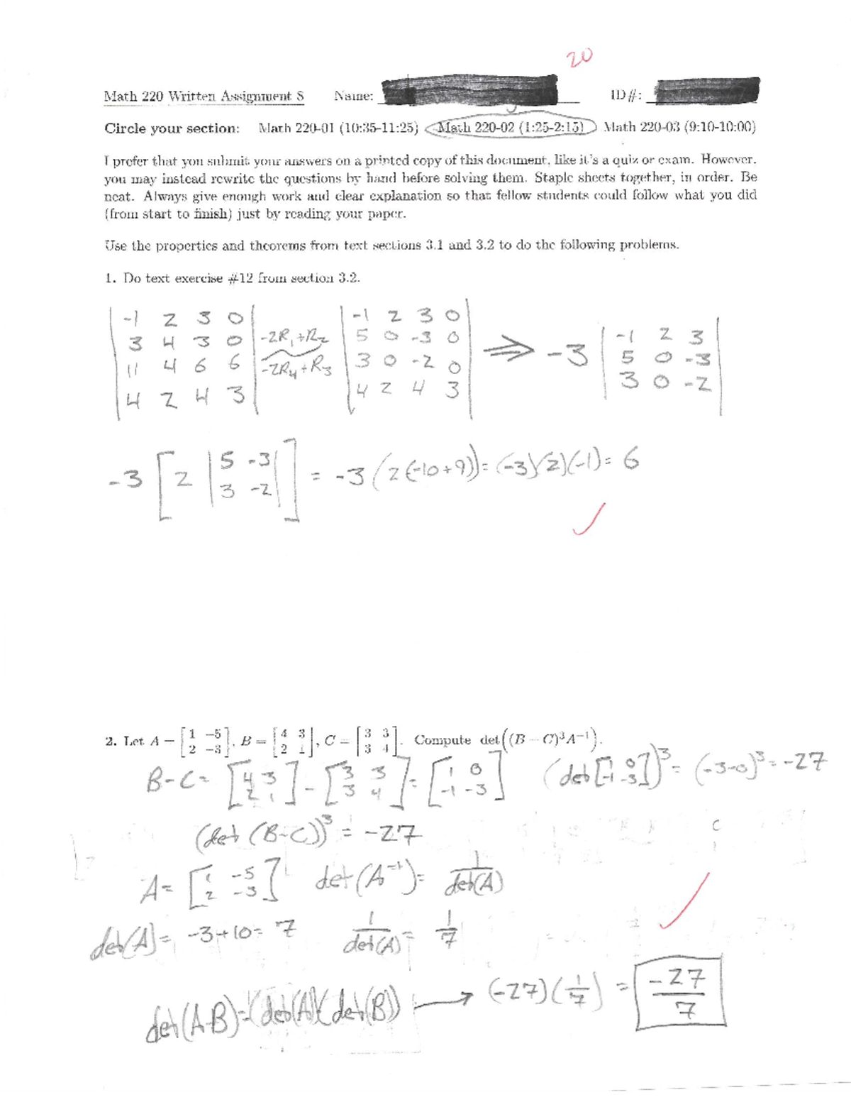 Math 220 Written 8 - we _ Math Math 220 Assigmnent 8 Name: Circle your ...