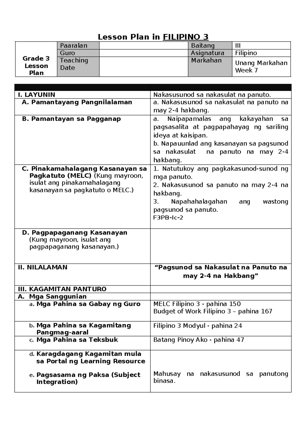 CO1-LP (FIL3-Q1W7) - Lesson Plan in FILIPINO 3 Grade 3 Lesson Plan ...