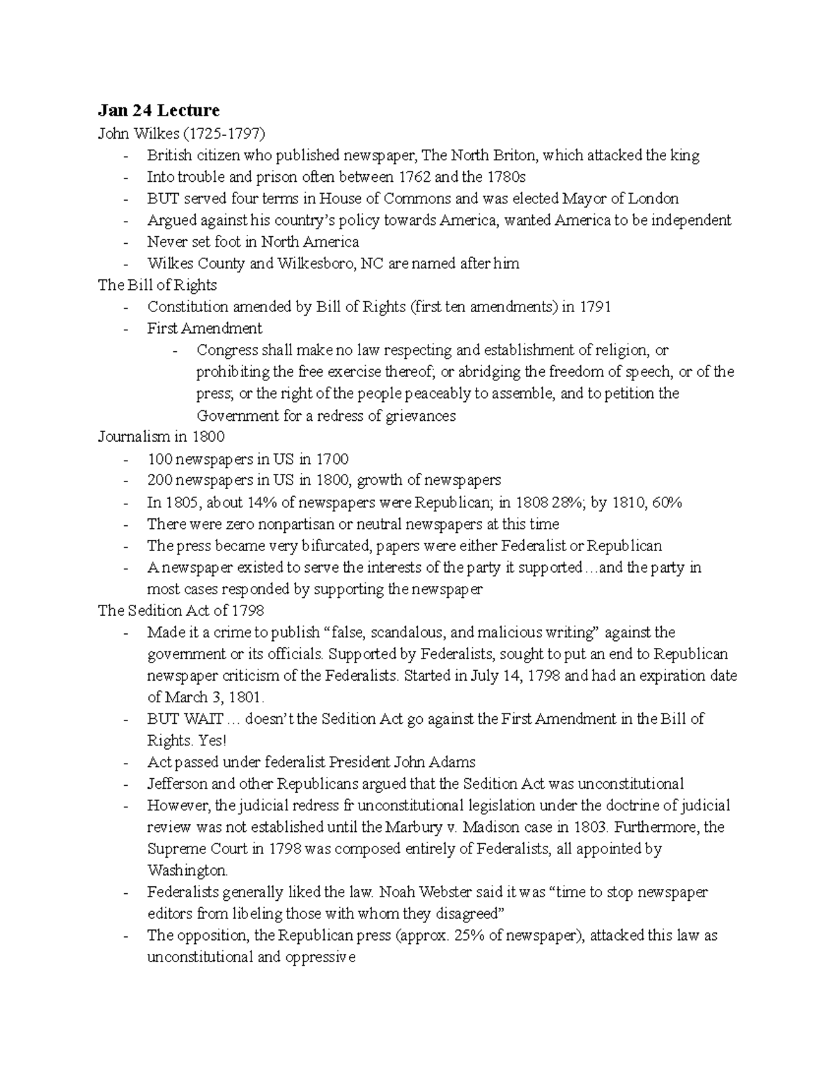 COM 250- Jan 24 Lecture - Jan 24 Lecture John Wilkes (1725-1797) - British citizen who published ...