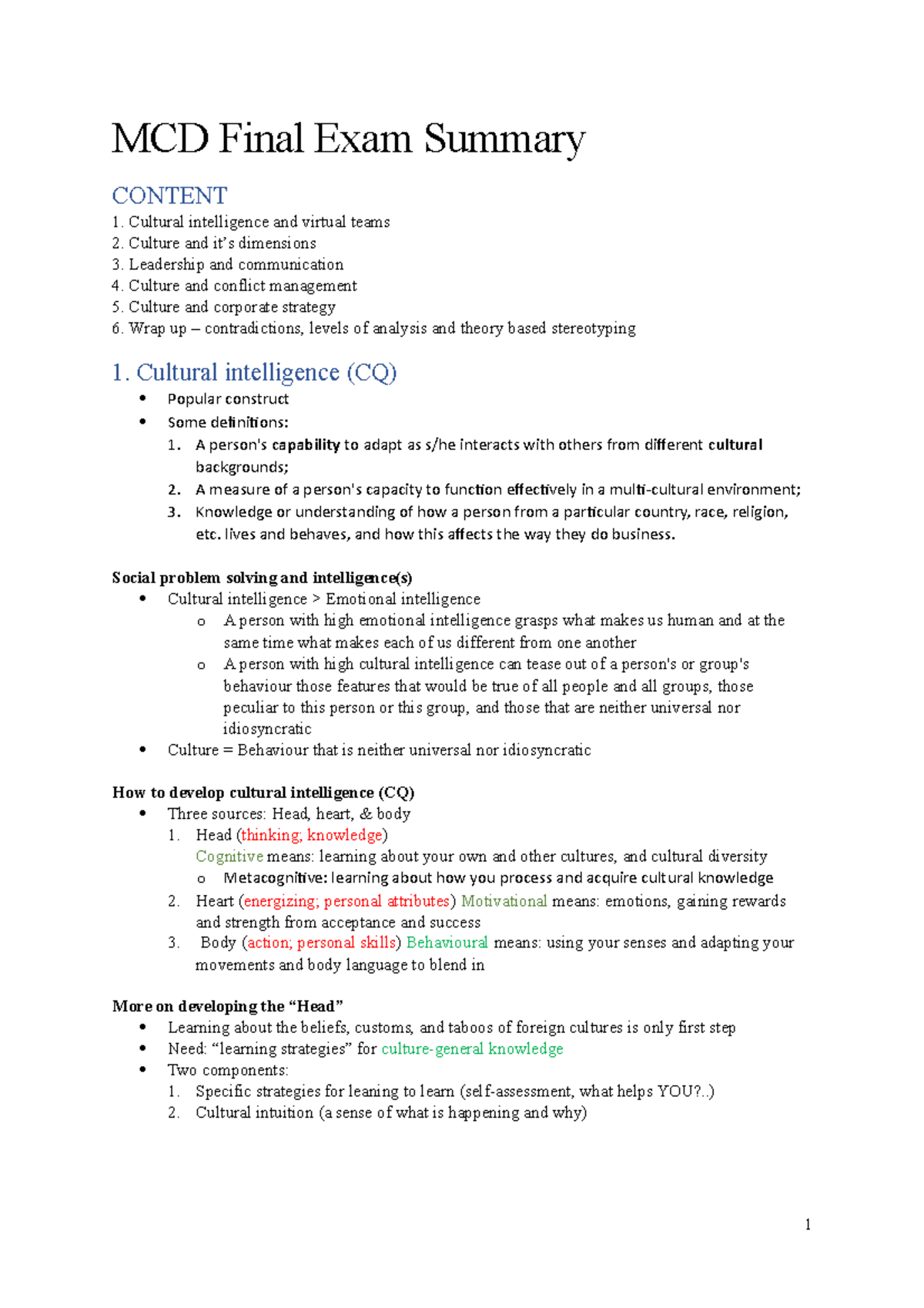 Final Summary MCD - MCD Final Exam Summary CONTENT Cultural intelligence and virtual teams ...