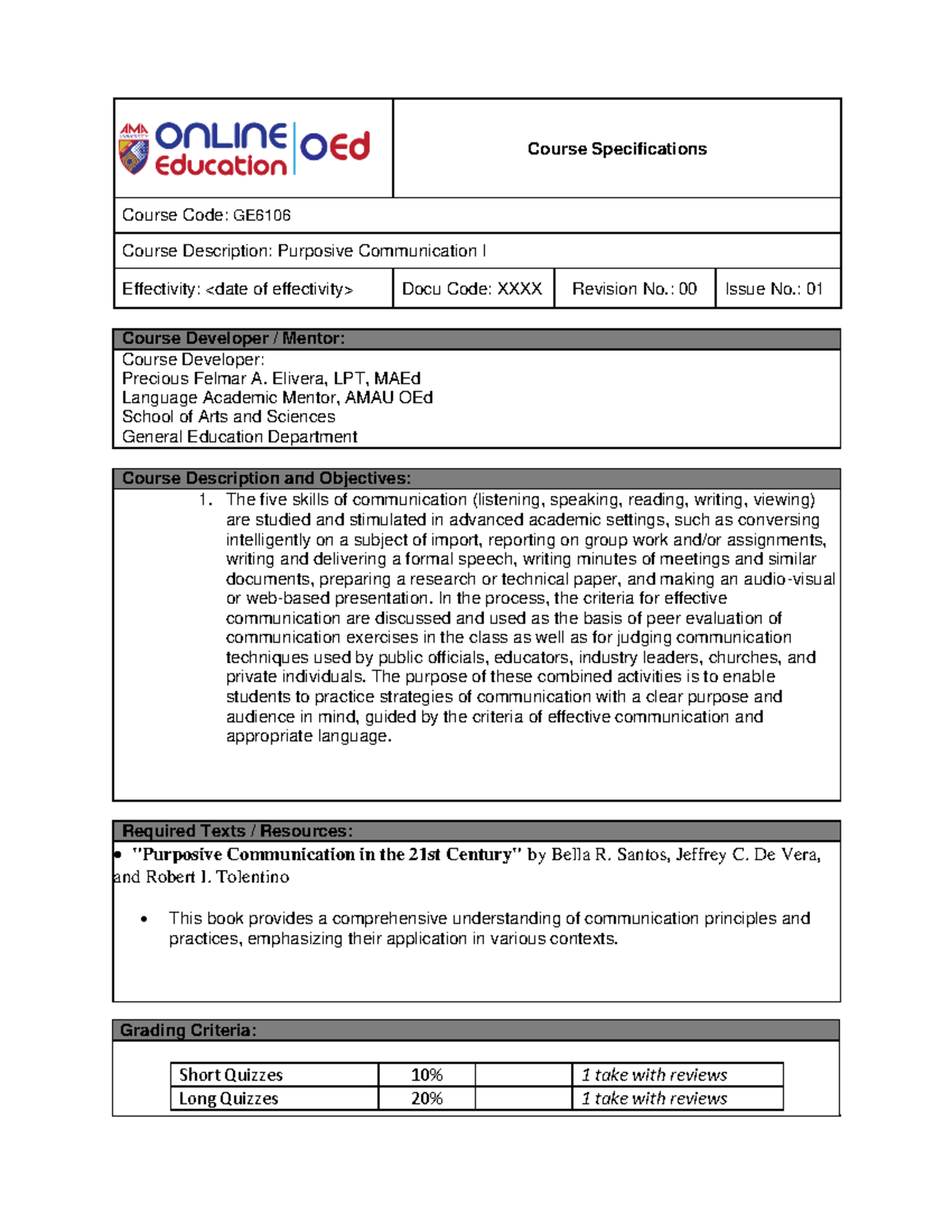Pdf purposive comm syllabus - Grading Criteria: Course Specifications ...