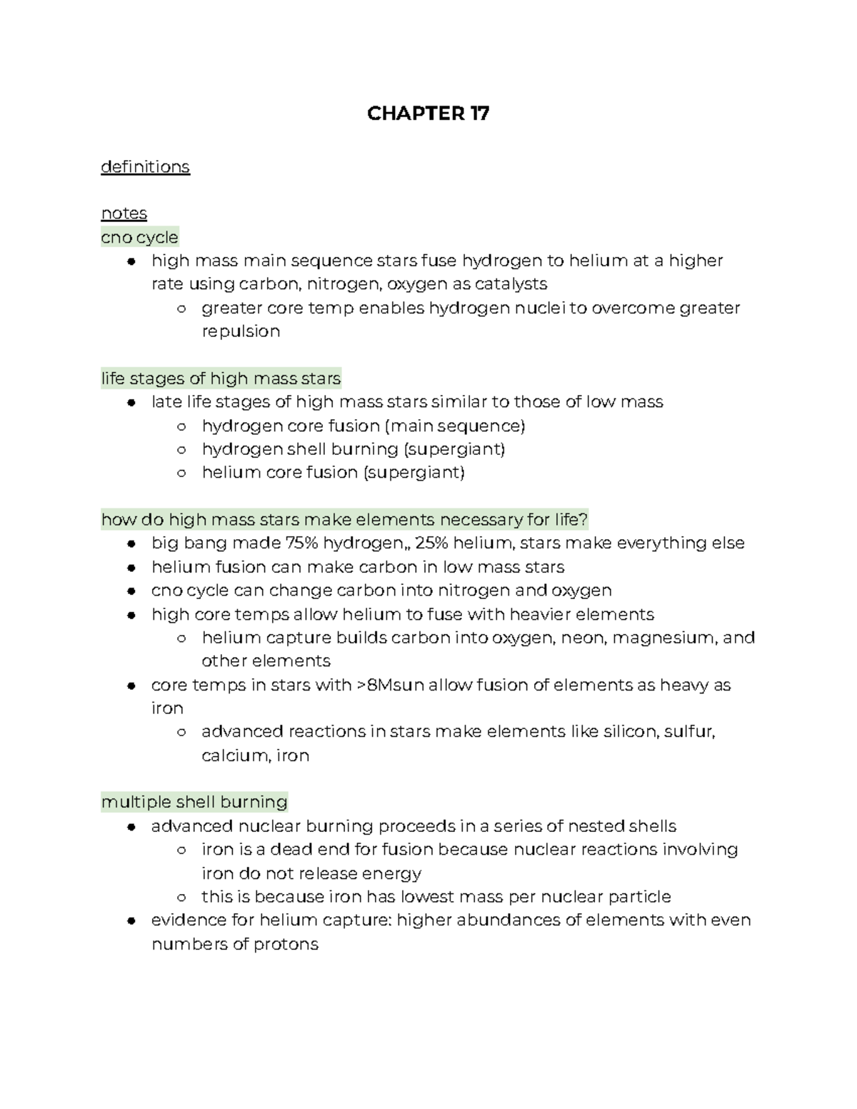 astro chapter 17 - CHAPTER 17 definitions notes cno cycle high mass ...