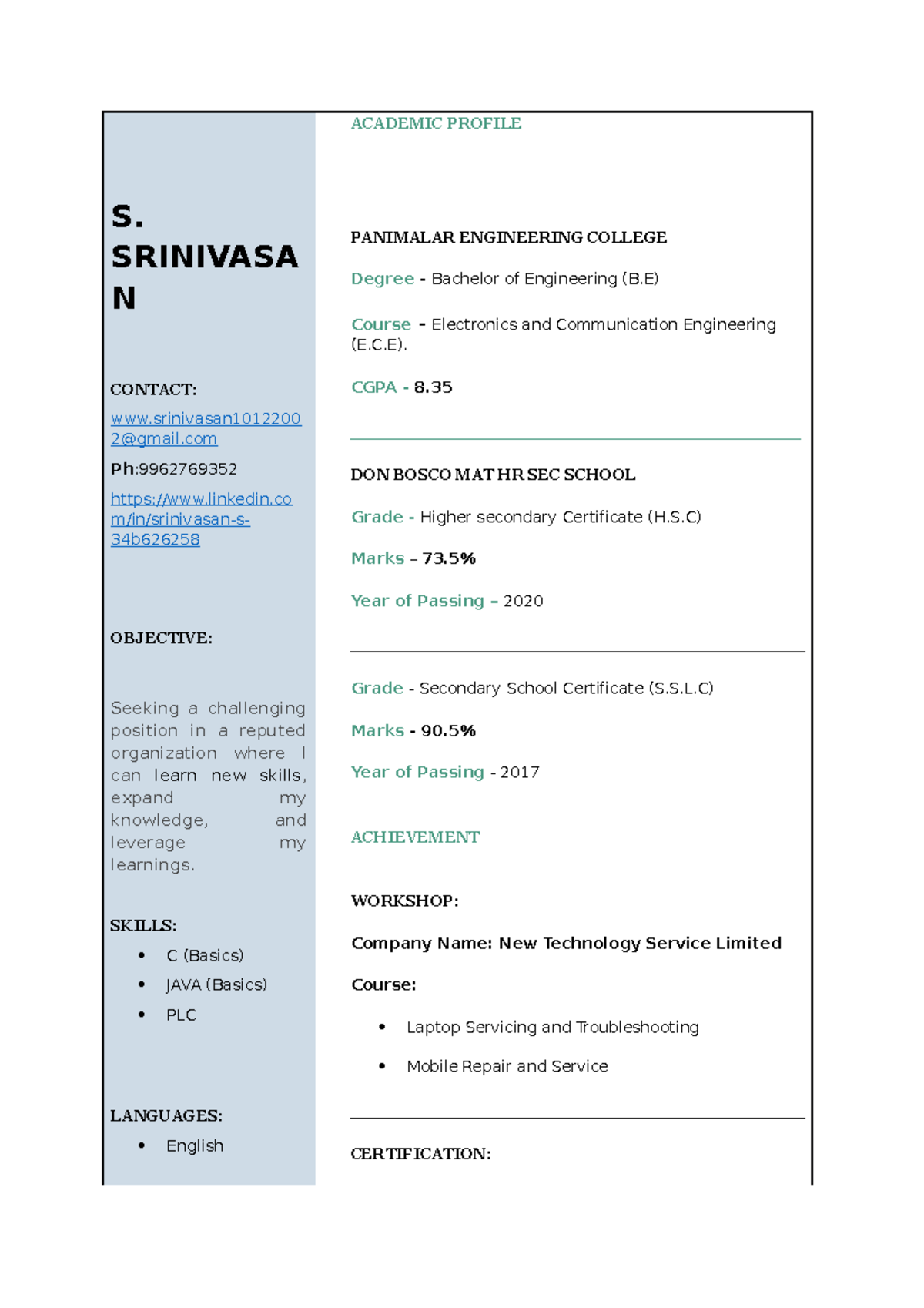 qwertyu qwert qwerty - S. SRINIVASA N CONTACT: srinivasan 2@gmail Ph ...