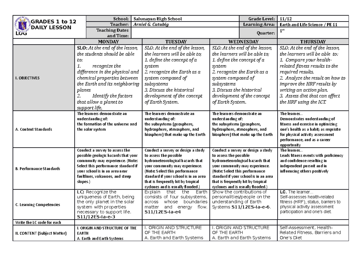 Earth AND LIFE Science PE DLL Monday- Thursday WEEK 1 - GRADES 1 to 12 ...