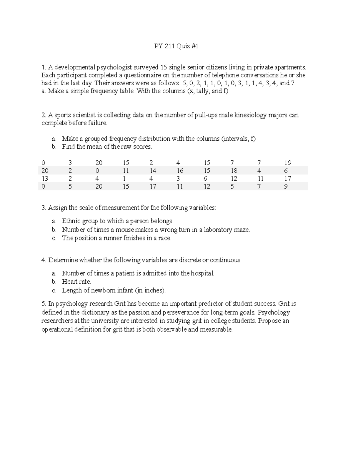 PY 211 Quiz#1 - Practice quiz with solutions for elementary statistical ...