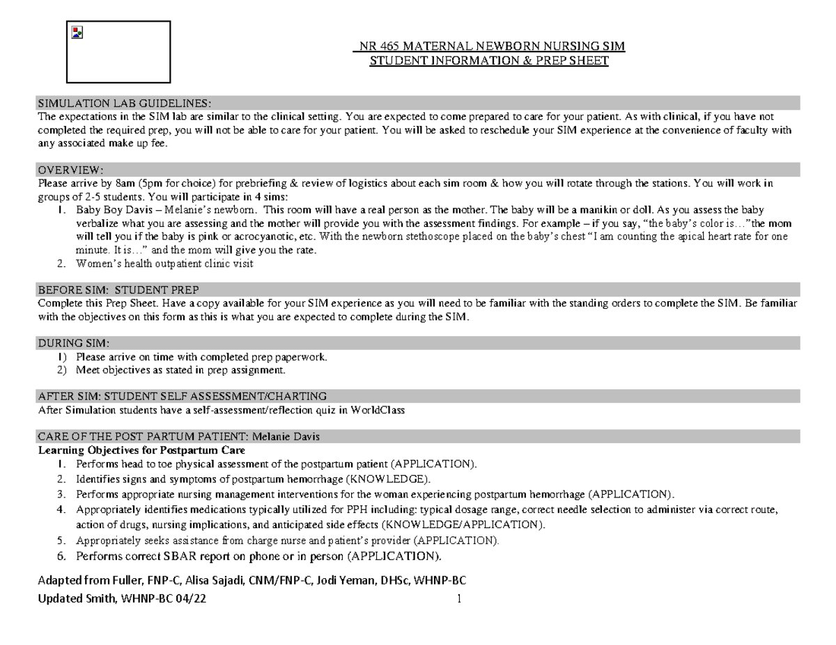 Prep Sheet for Newborn Nursing Simulation - Adapted from Fuller, FNP-C ...